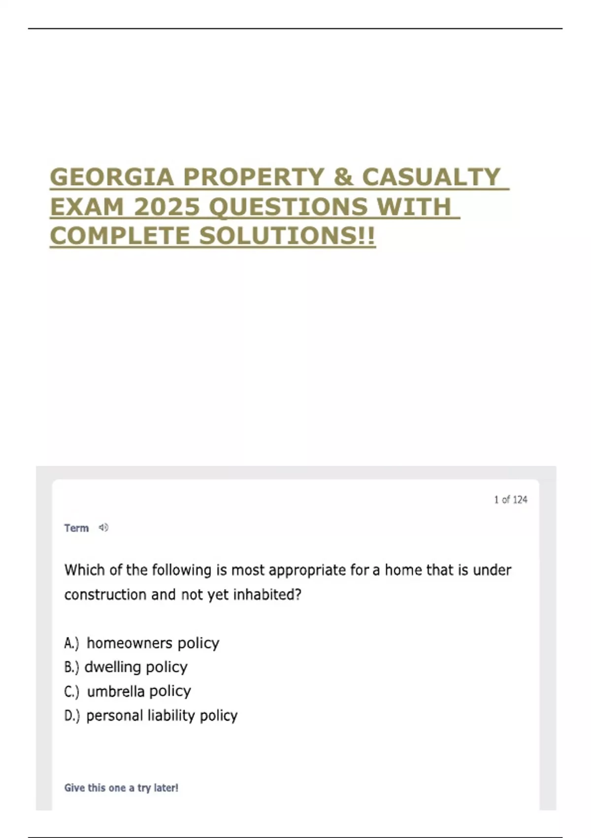 GEORGIA PROPERTY & CASUALTY EXAM 2025 QUESTIONS WITH COMPLETE SOLUTIONS!! - GEORGIA PROPERTY ...