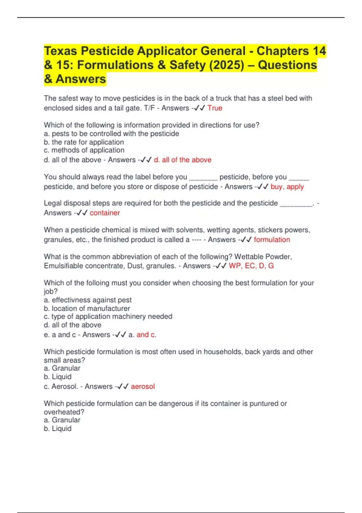 Texas Pesticide Applicator General - Chapters 14 & 15: Formulations ...