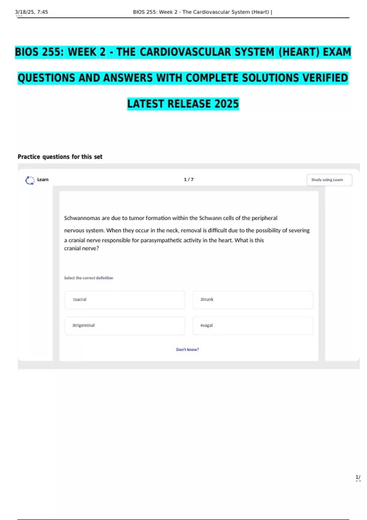 BIOS 255: WEEK 2 - THE CARDIOVASCULAR SYSTEM (HEART) EXAM QUESTIONS AND ...