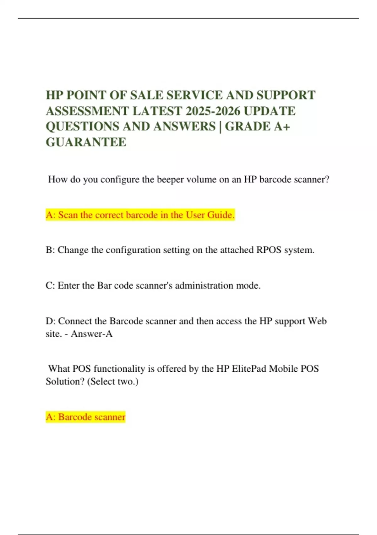 HP POINT OF SALE SERVICE AND SUPPORT ASSESSMENT LATEST UPDATE QUESTIONS ...