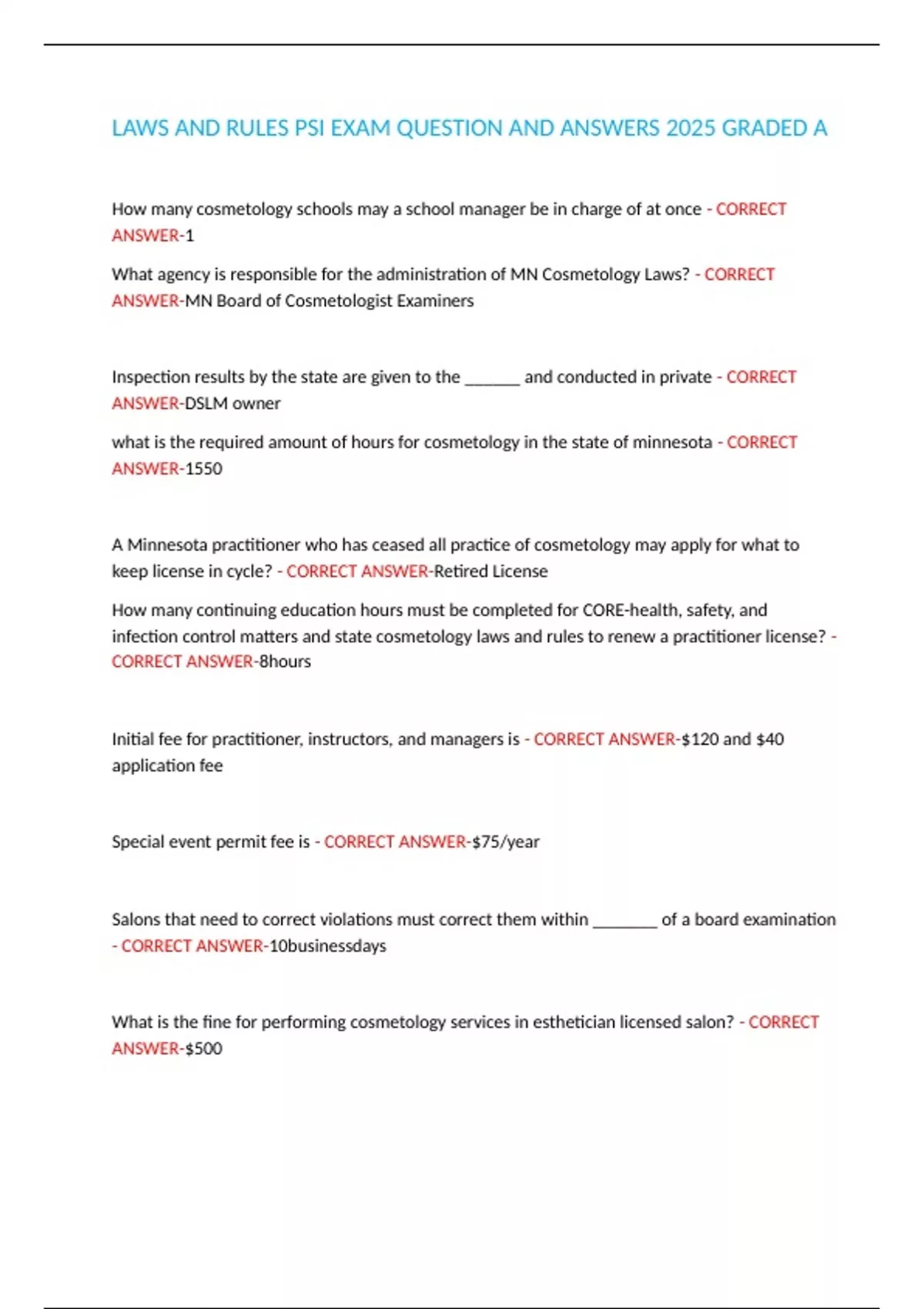 LAWS AND RULES PSI EXAM QUESTION AND ANSWERS 2025 GRADED A - LAWS AND ...