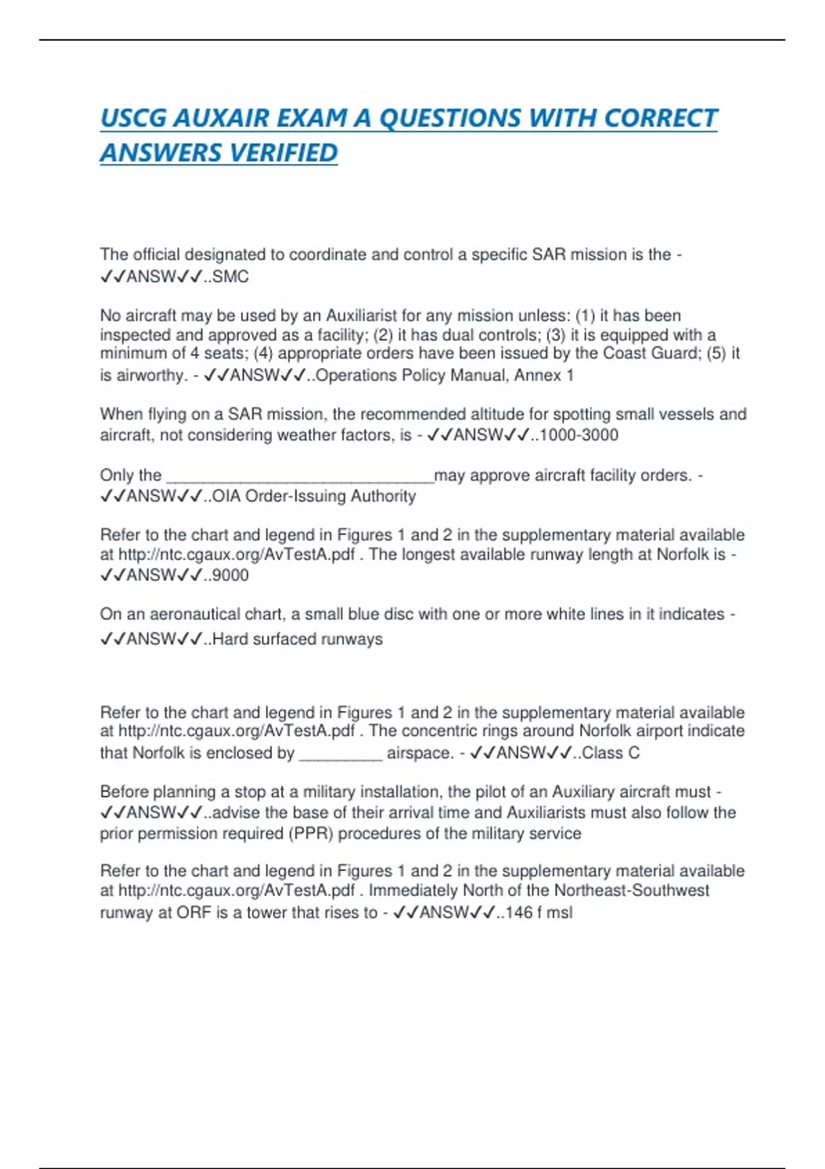 USCG AUXAIR EXAM A QUESTIONS WITH CORRECT ANSWERS VERIFIED The official ...