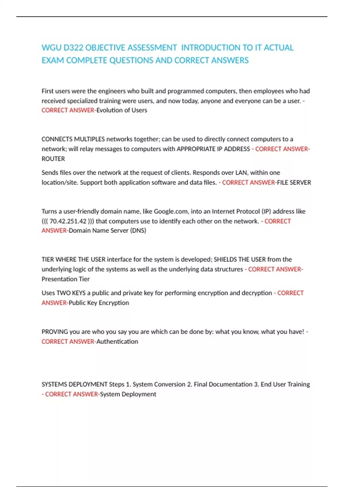 WGU D322 OBJECTIVE ASSESSMENT INTRODUCTION TO IT ACTUAL EXAM COMPLETE QUESTIONS AND CORRECT ...