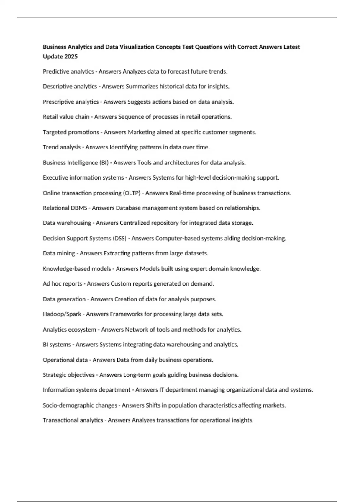 Business Analytics and Data Visualization Concepts Test Questions with ...