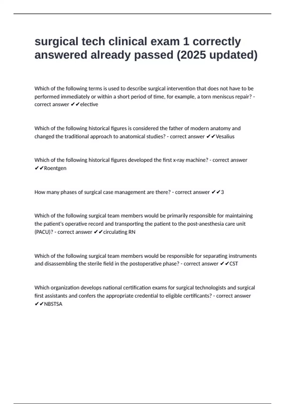 surgical tech clinical exam 1 correctly answered already passed (2025 ...