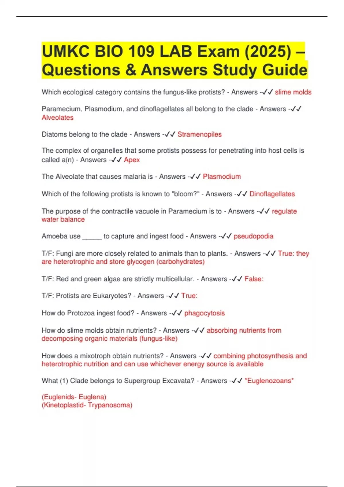 UMKC BIO 109 LAB Exam (2025) – Questions & Answers Study Guide - UMKC BIO 109 - Stuvia US