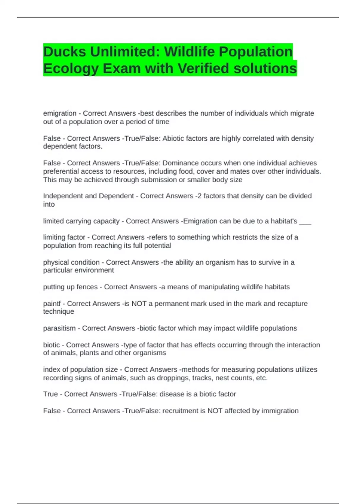 Ducks Unlimited Wildlife Population Ecology Exam with Verified ...