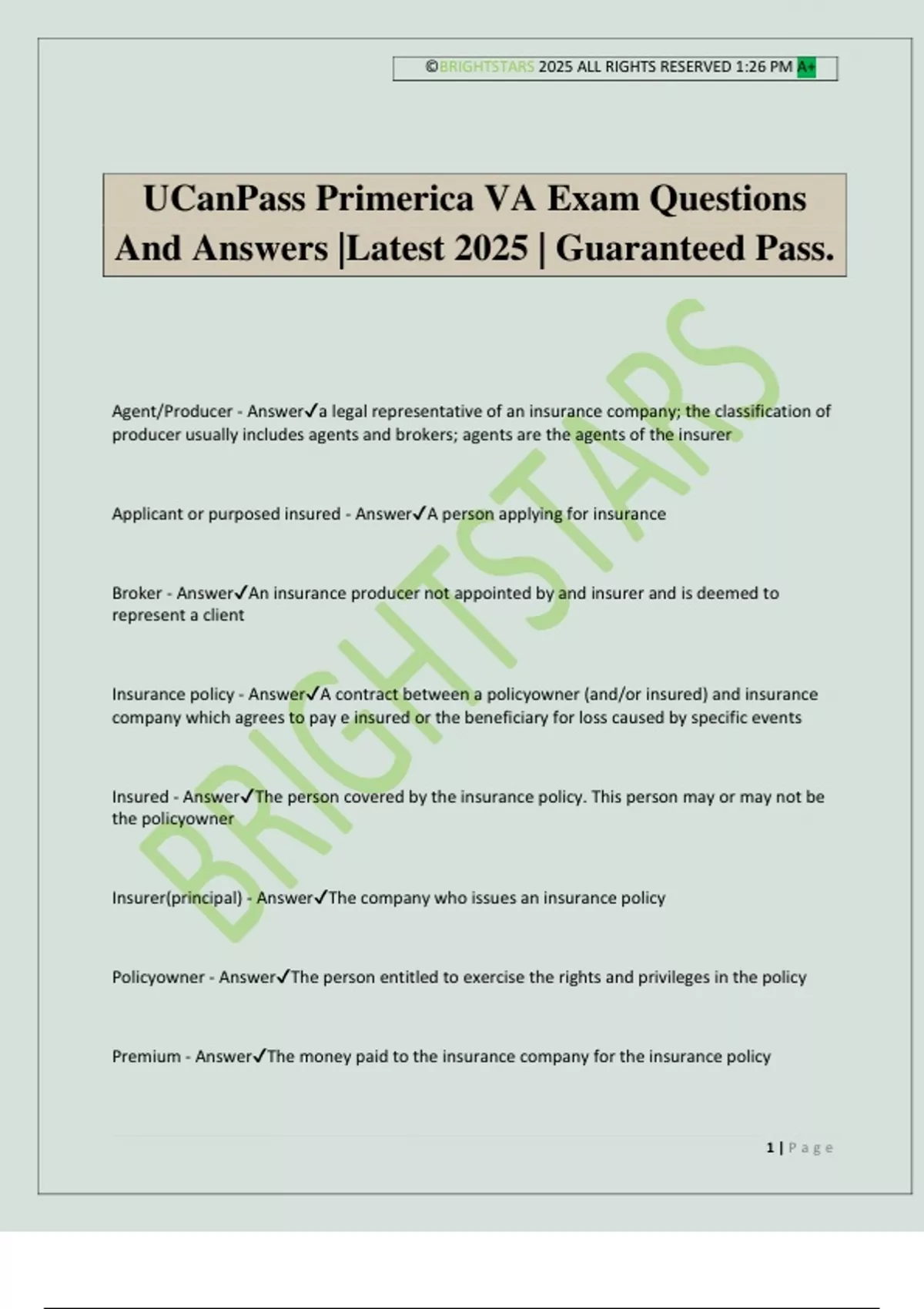 UCanPass Primerica VA Exam Questions And Answers |Latest 2025 ...