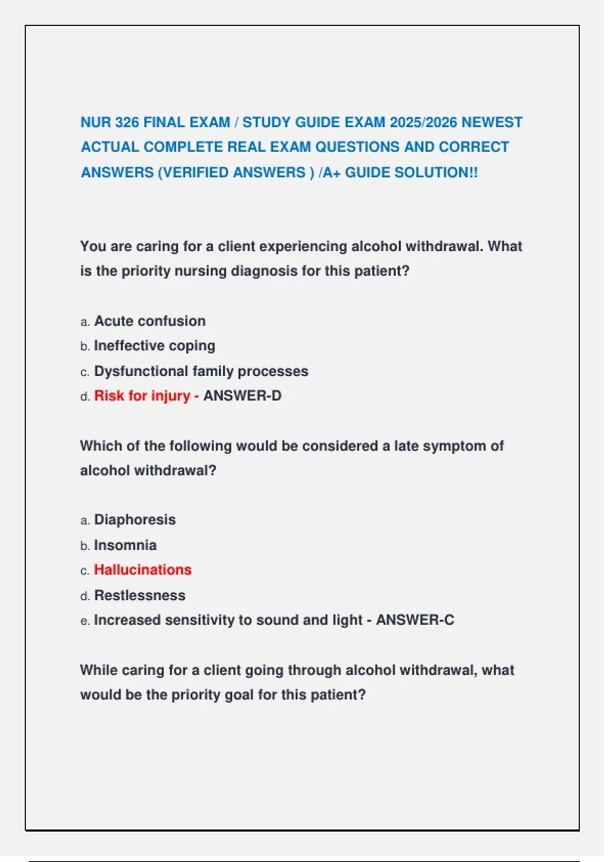 Nur 326 Final Exam Study Guide Exam 2025 2026 Newest Actual Complete