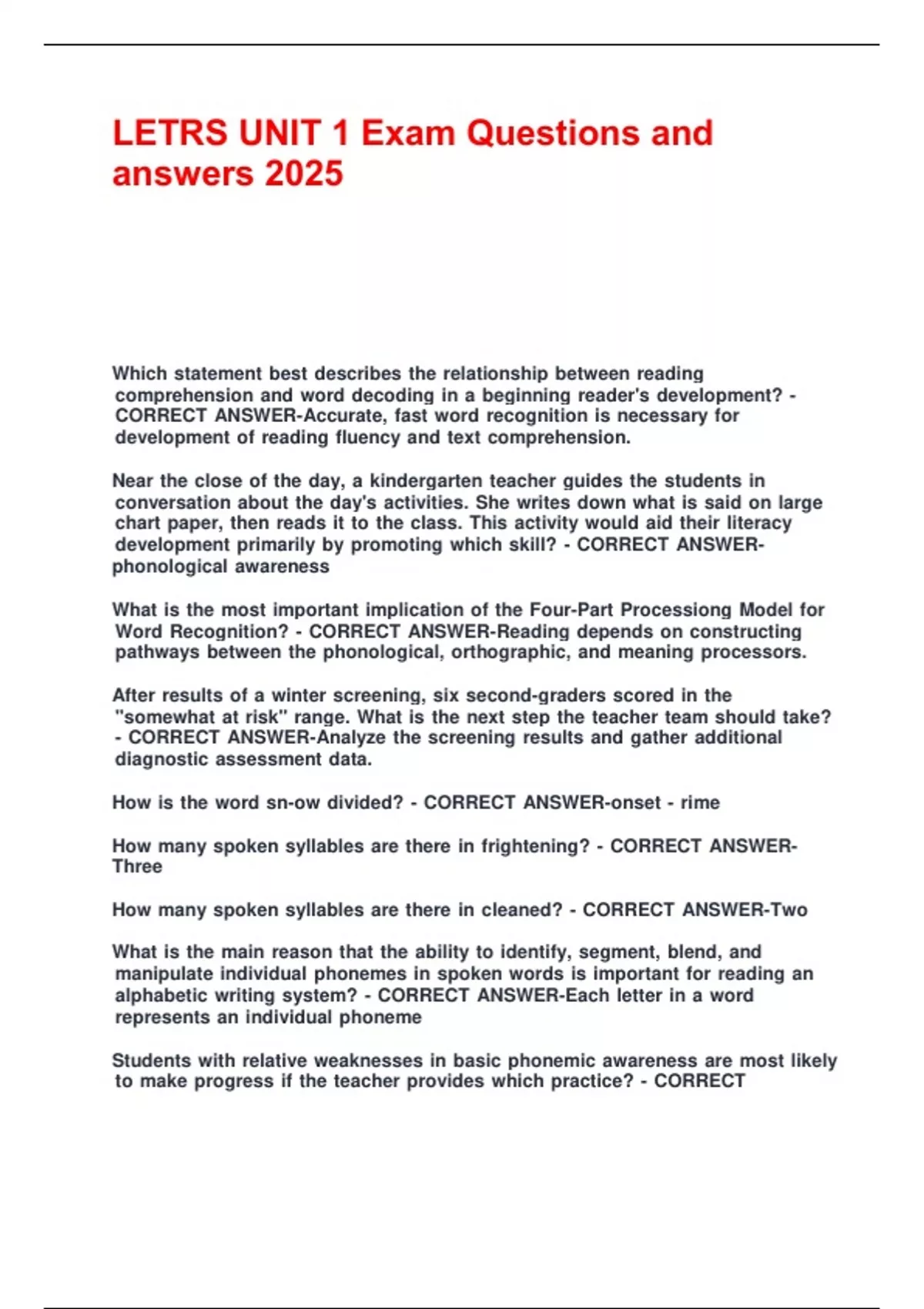 LETRS UNIT 1 Exam Questions and answers 2025. - Letrs - Stuvia US