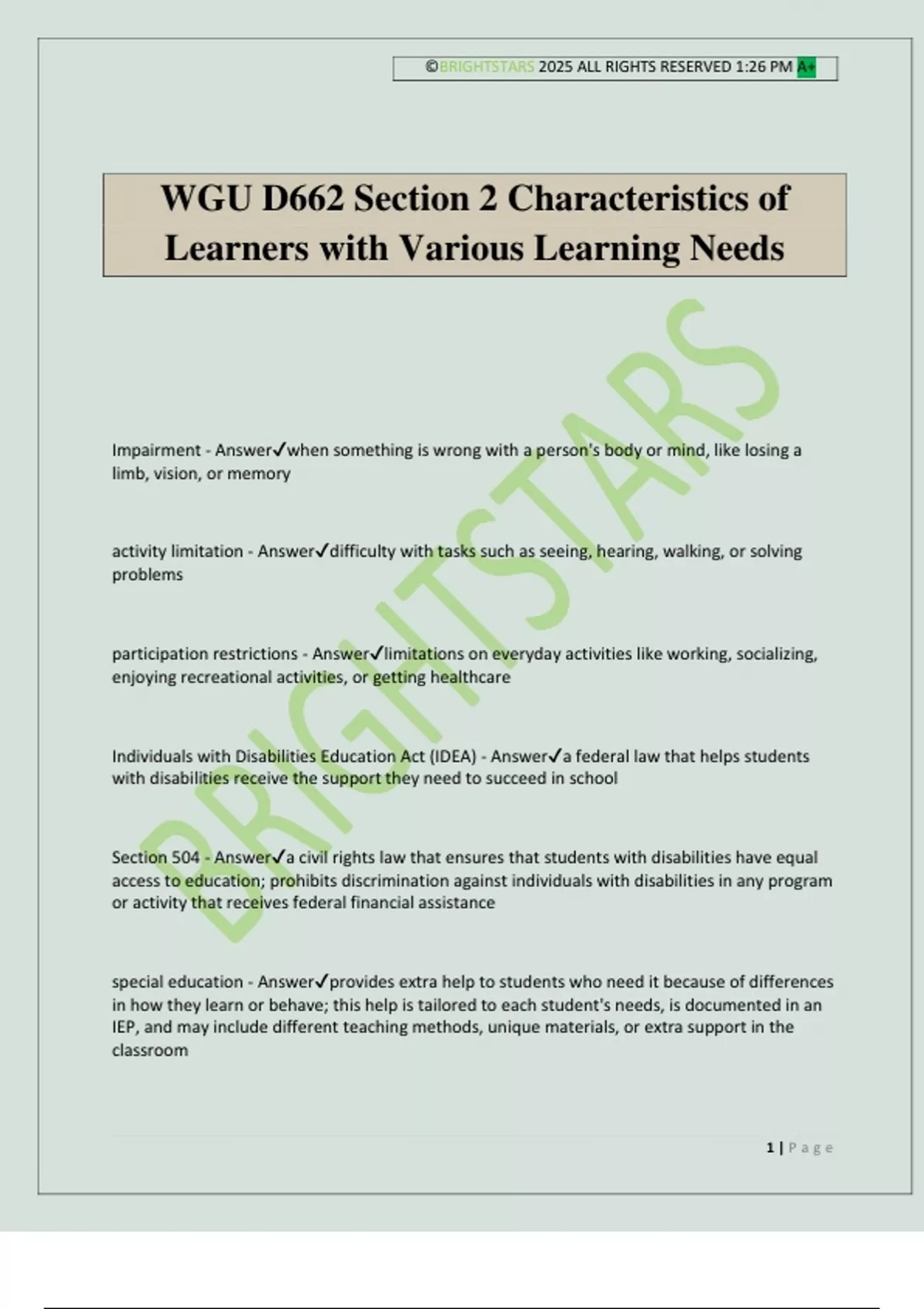 WGU D662 Section 2 Characteristics of Learners with Various Learning ...