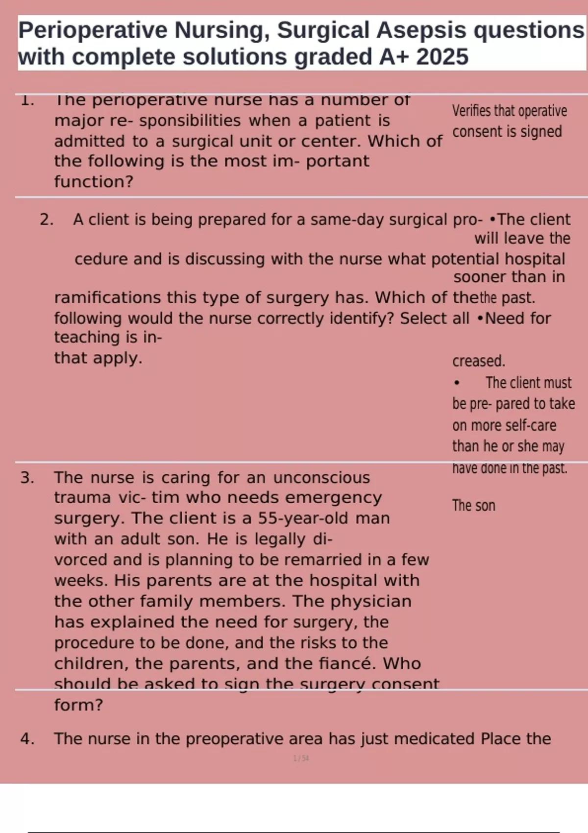 Perioperative Nursing, Surgical Asepsis questions with complete ...