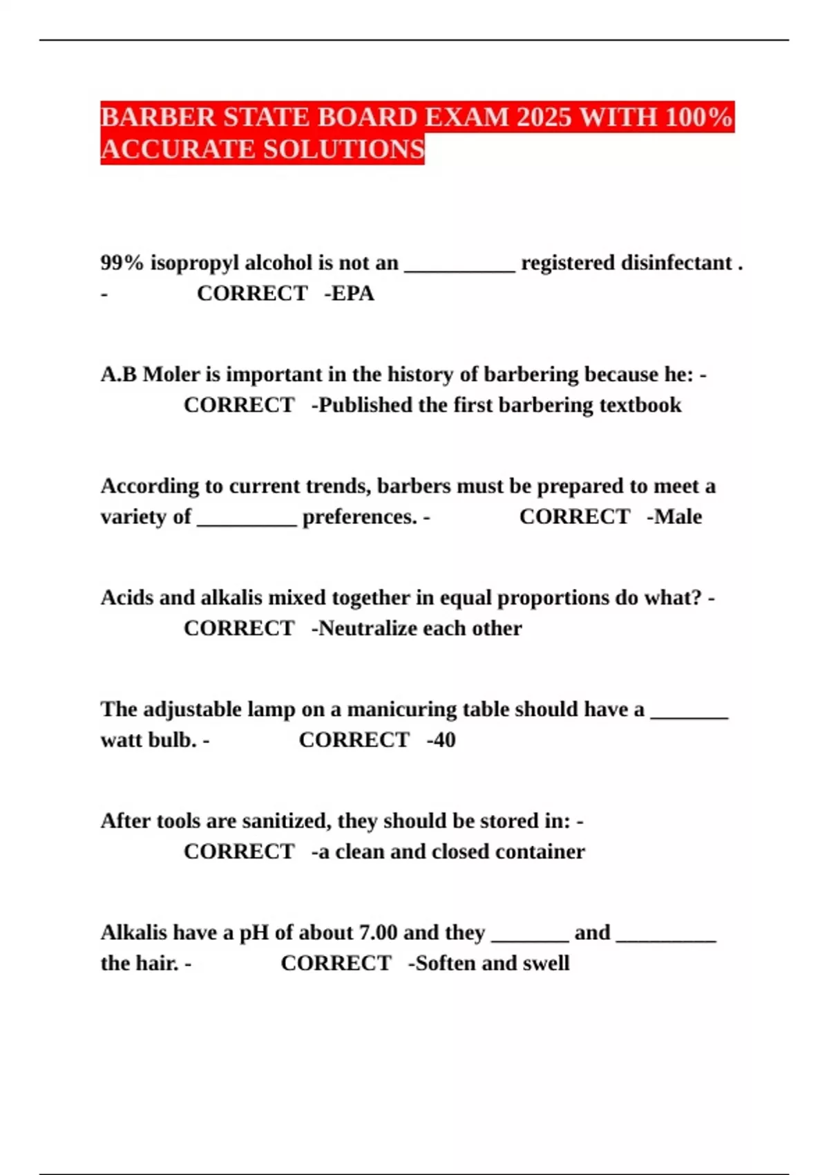 BARBER STATE BOARD EXAM 2025 WITH 100% ACCURATE SOLUTIONS - BARBER ...