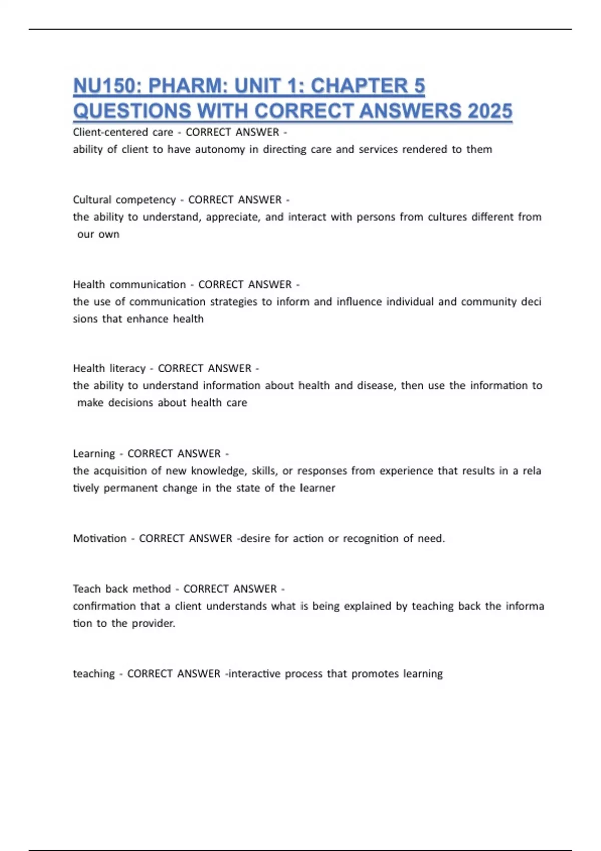 NU150- PHARM UNIT 1, CHAPTER 5 QUESTIONS WITH CORRECT ANSWERS 2025 - NU 150 - Stuvia US