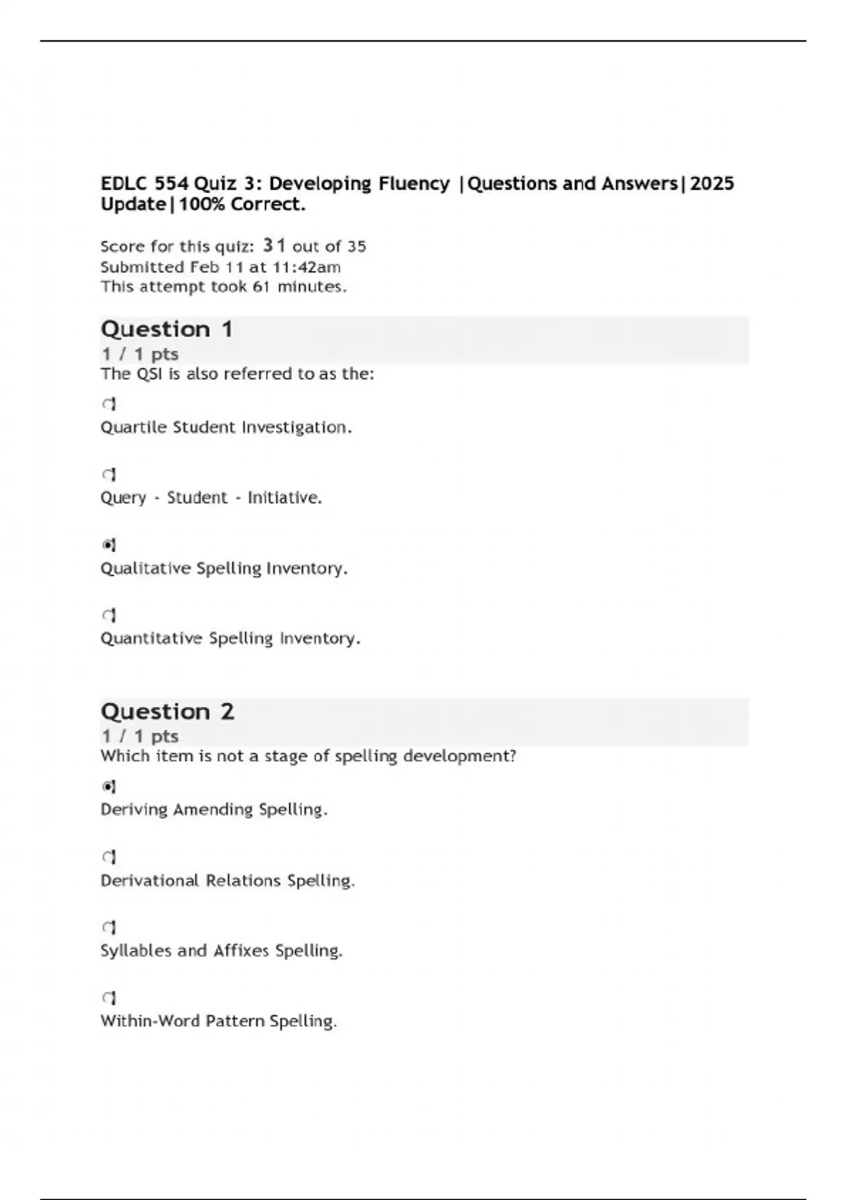 EDLC 554 Quiz 3: Developing Fluency |Questions and Answers|2025 Update|100% Correct. - EDLC 554 ...