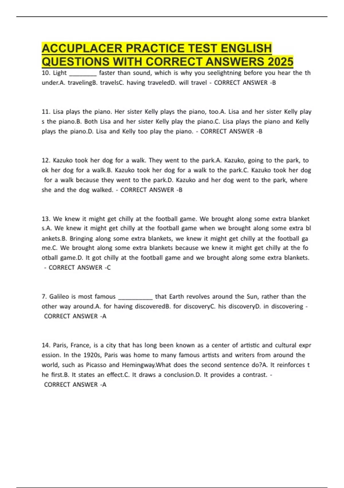 ACCUPLACER PRACTICE TEST ENGLISH QUESTIONS WITH CORRECT ANSWERS 2025 ...