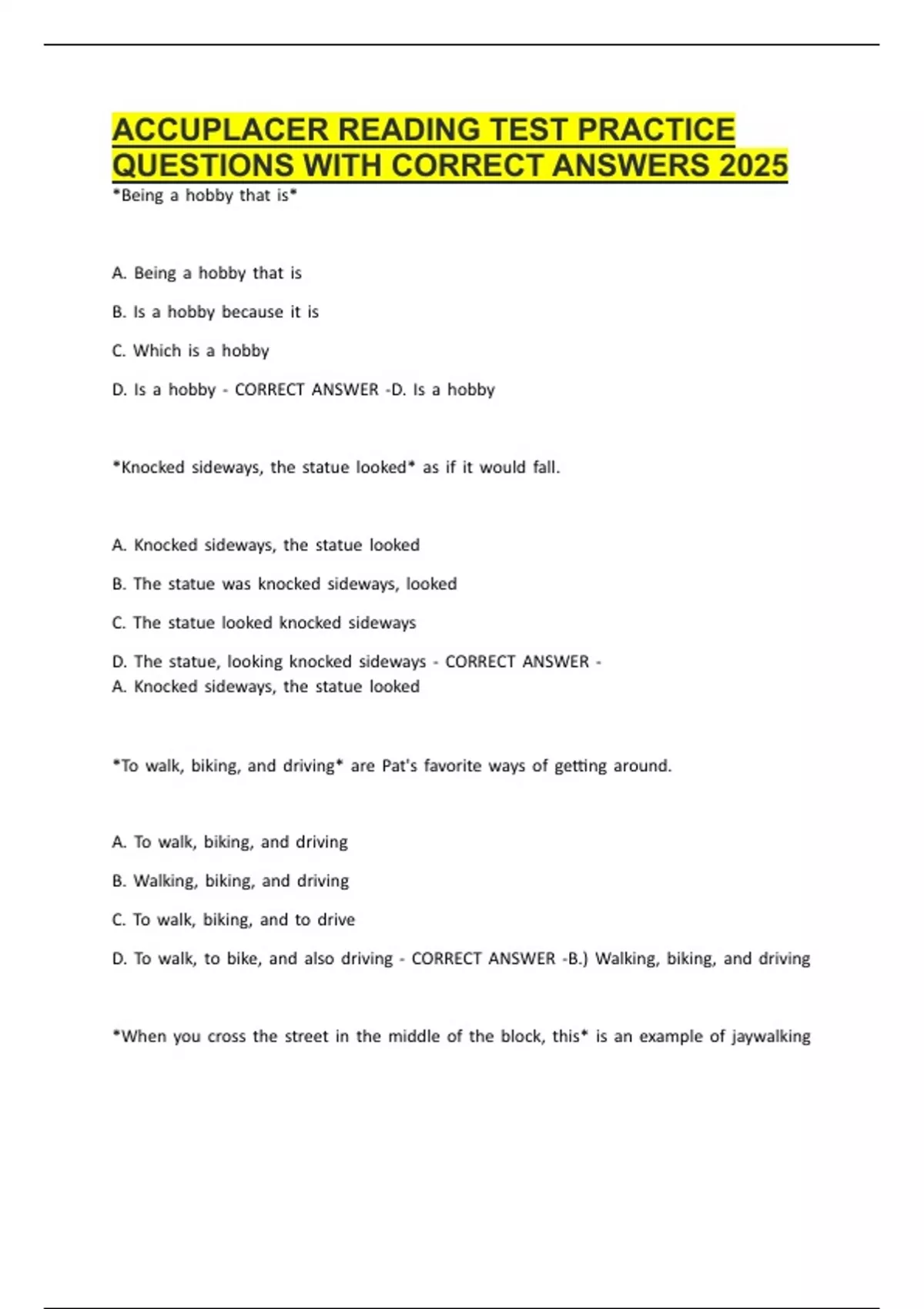 Accuplacer Reading Test Practice Questions With Correct Answers 2025 Accuplacer Stuvia Us