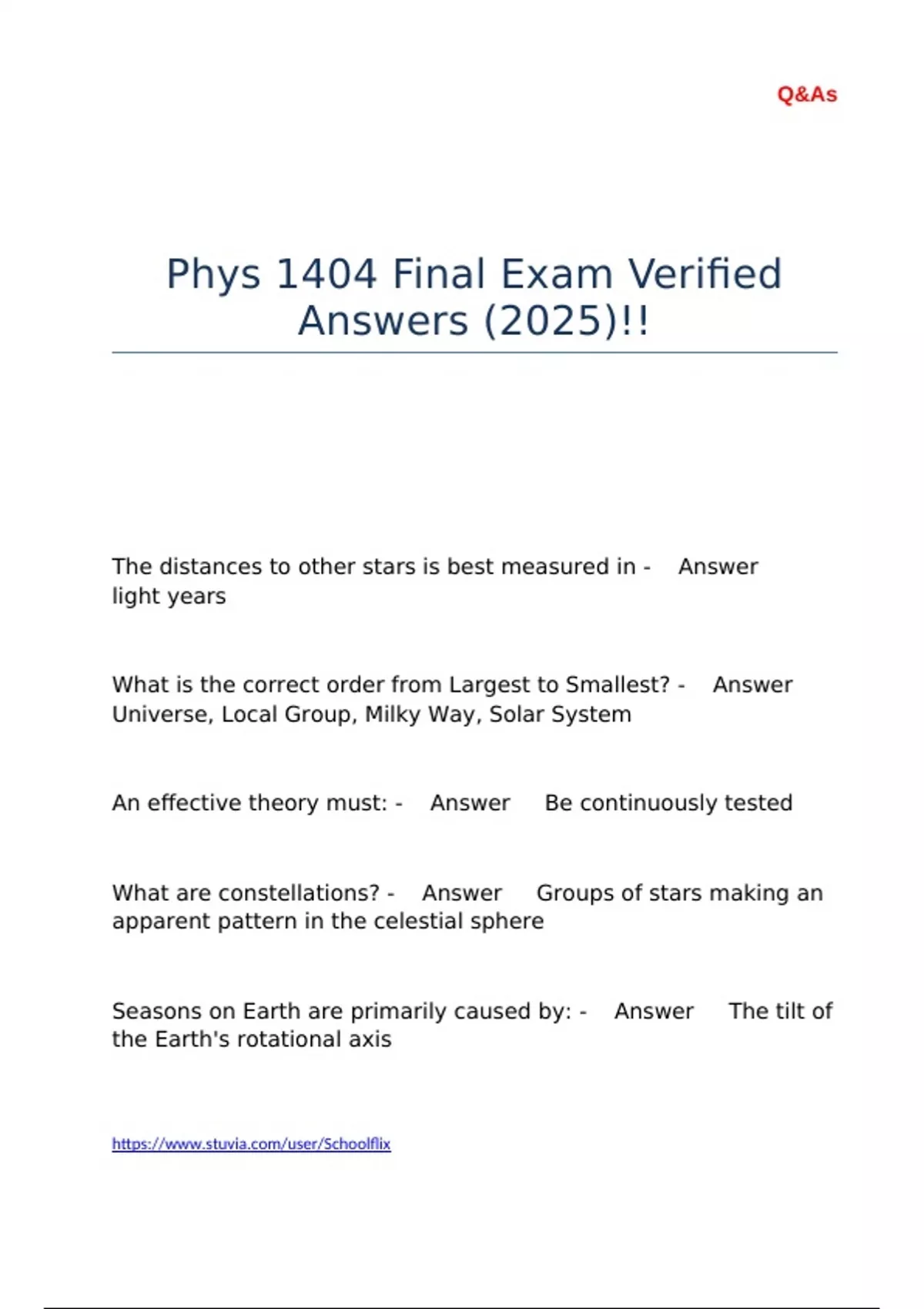 Phys 1404 Final Exam Verified Answers (2025)!! - PHYS 1404 - Stuvia US