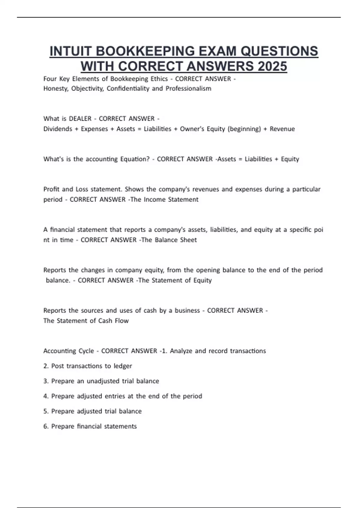 INTUIT BOOKKEEPING EXAM QUESTIONS WITH CORRECT ANSWERS 2025 - Intuit ...