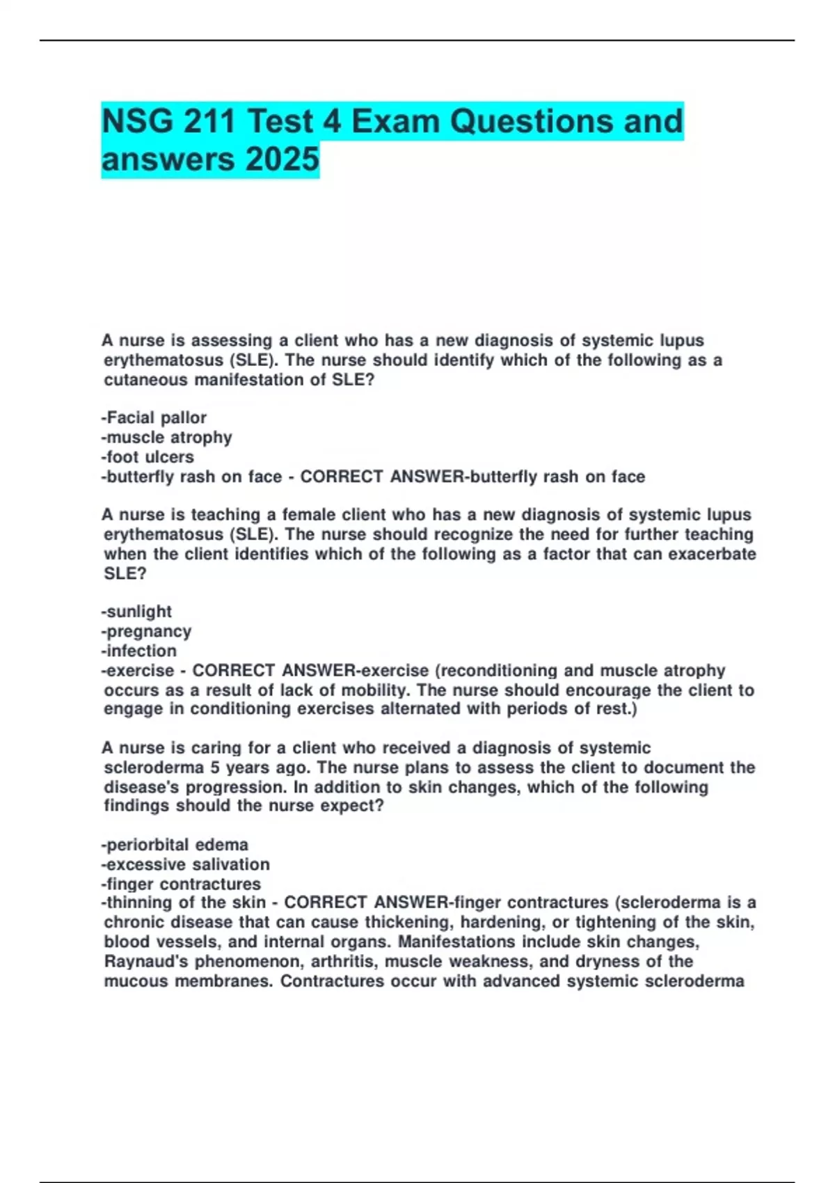 NSG 211 Test 4 Exam Questions and answers 2025. - NSG 211 - Stuvia US