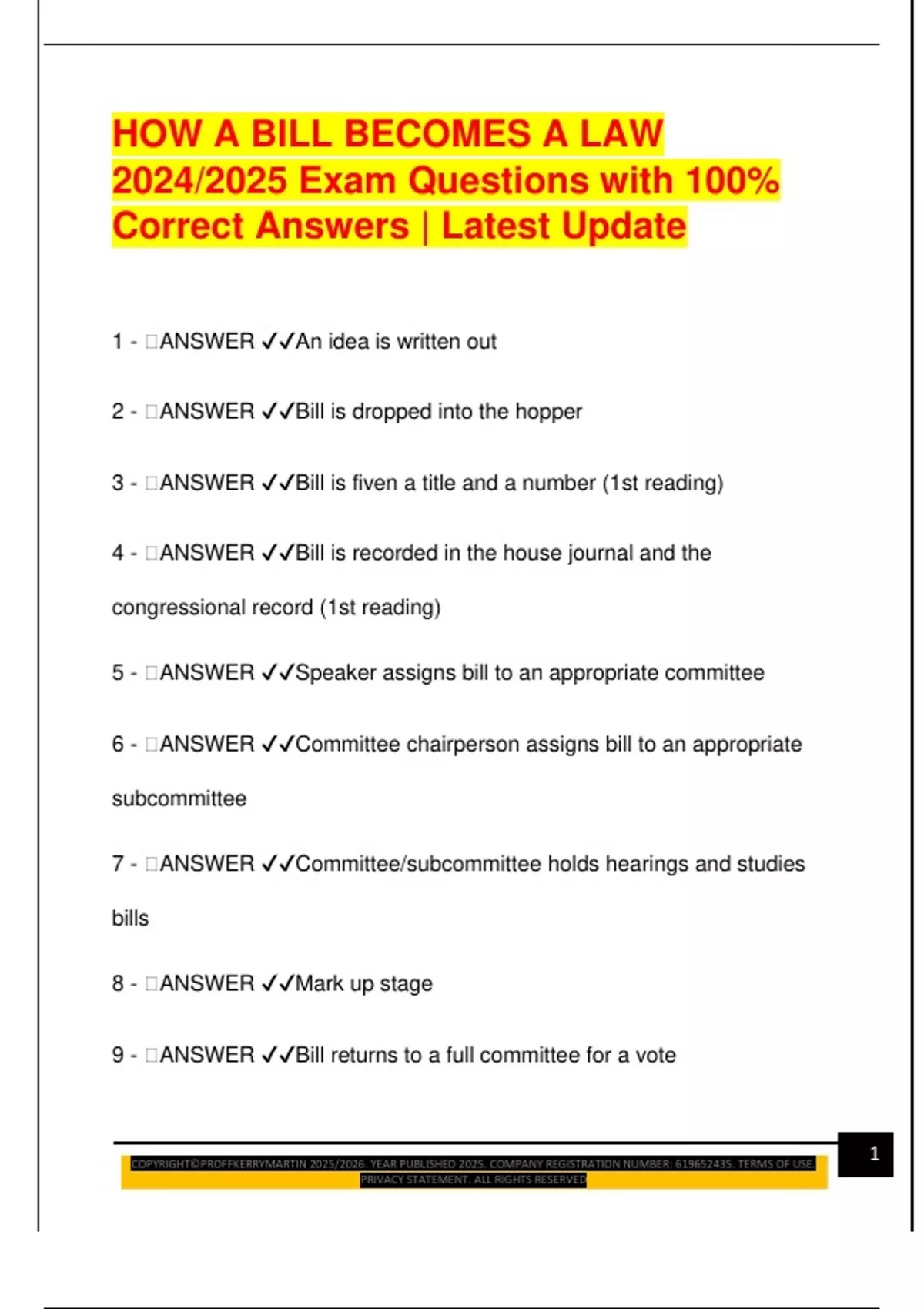 HOW A BILL BECOMES A LAW 2024/2025 Exam Questions with 100% Correct ...