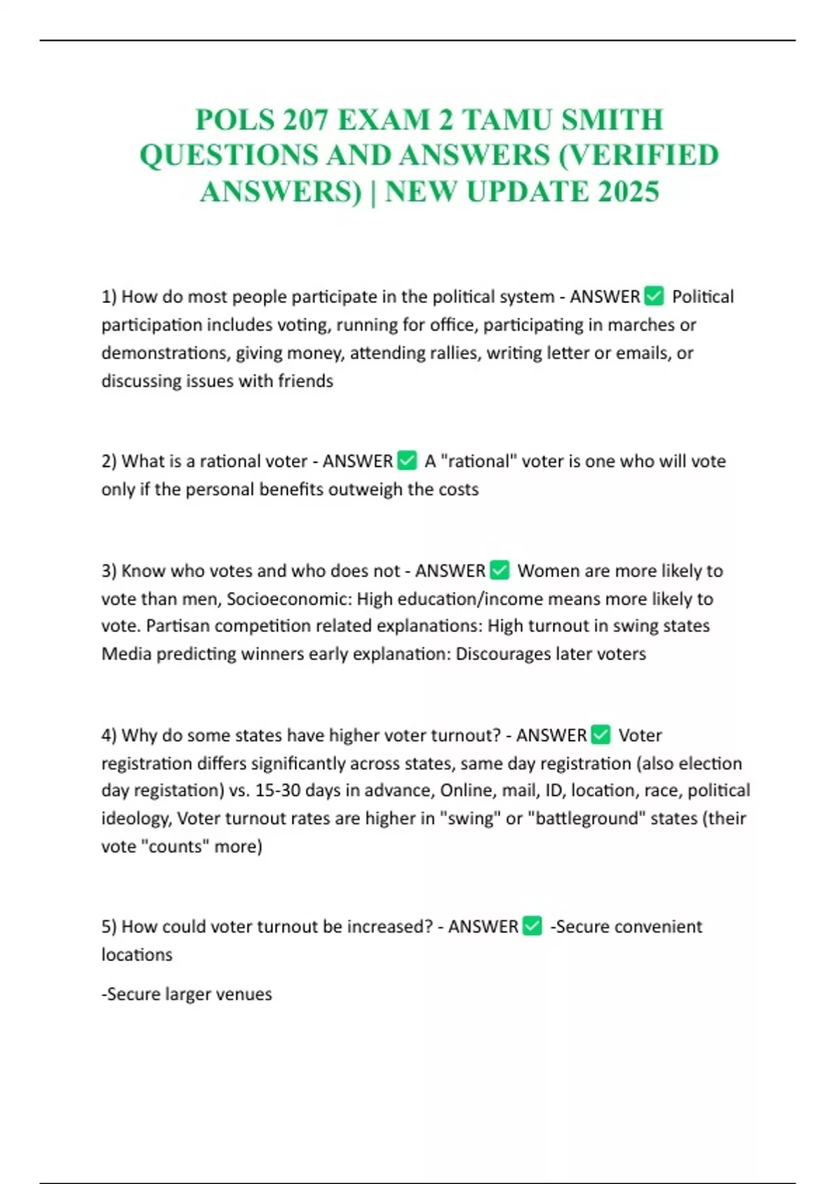 POLS 207 EXAM 2 TAMU SMITH QUESTIONS AND ANSWERS (VERIFIED ANSWERS) | NEW UPDATE 2025 - POLS 207 ...