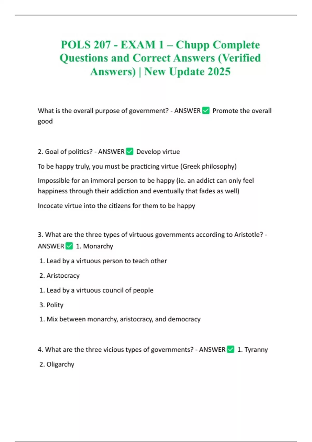 POLS 207 - EXAM 1 – Chupp Complete Questions and Correct Answers ...
