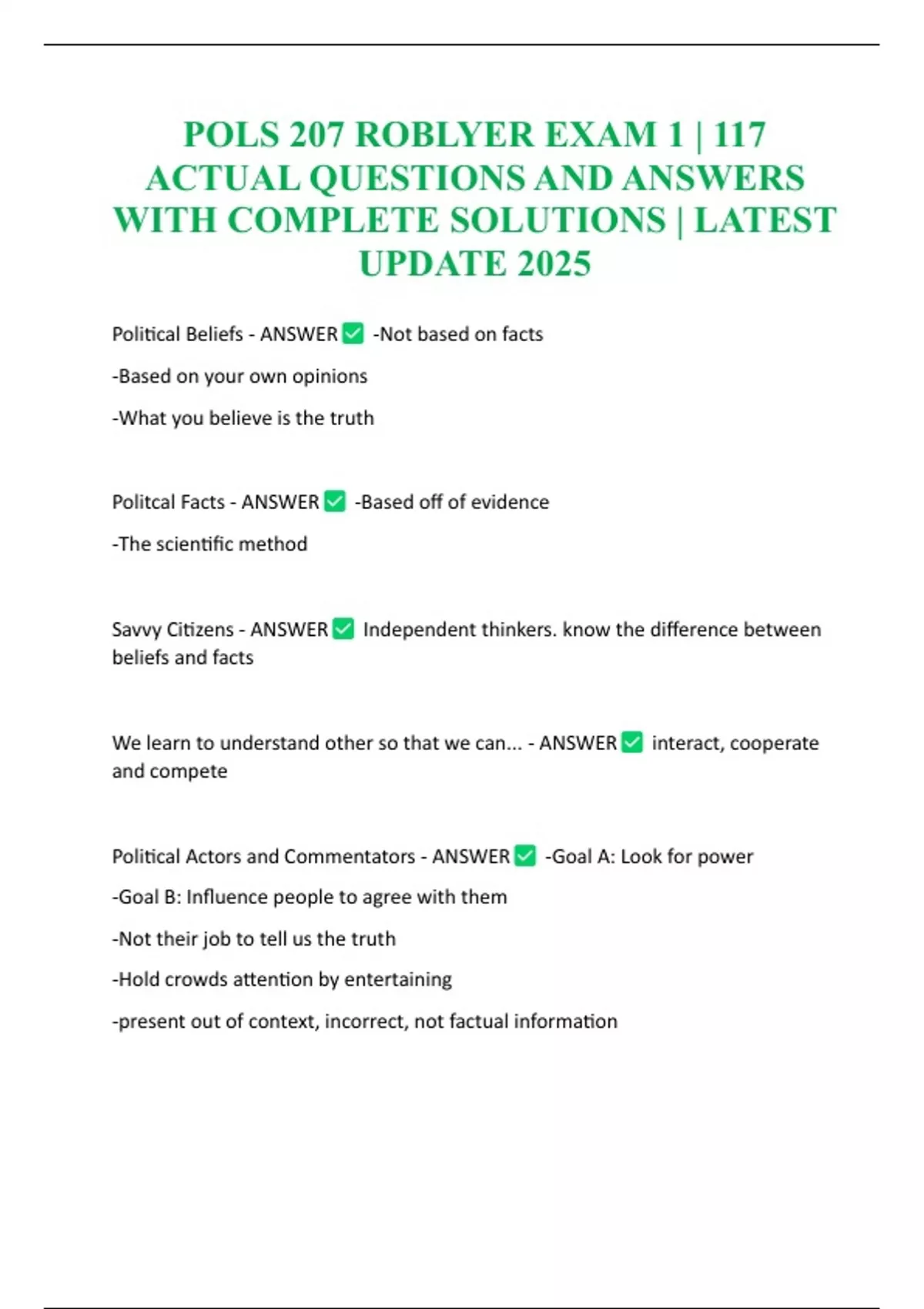 POLS 207 ROBLYER EXAM 1 | 117 ACTUAL QUESTIONS AND ANSWERS WITH ...