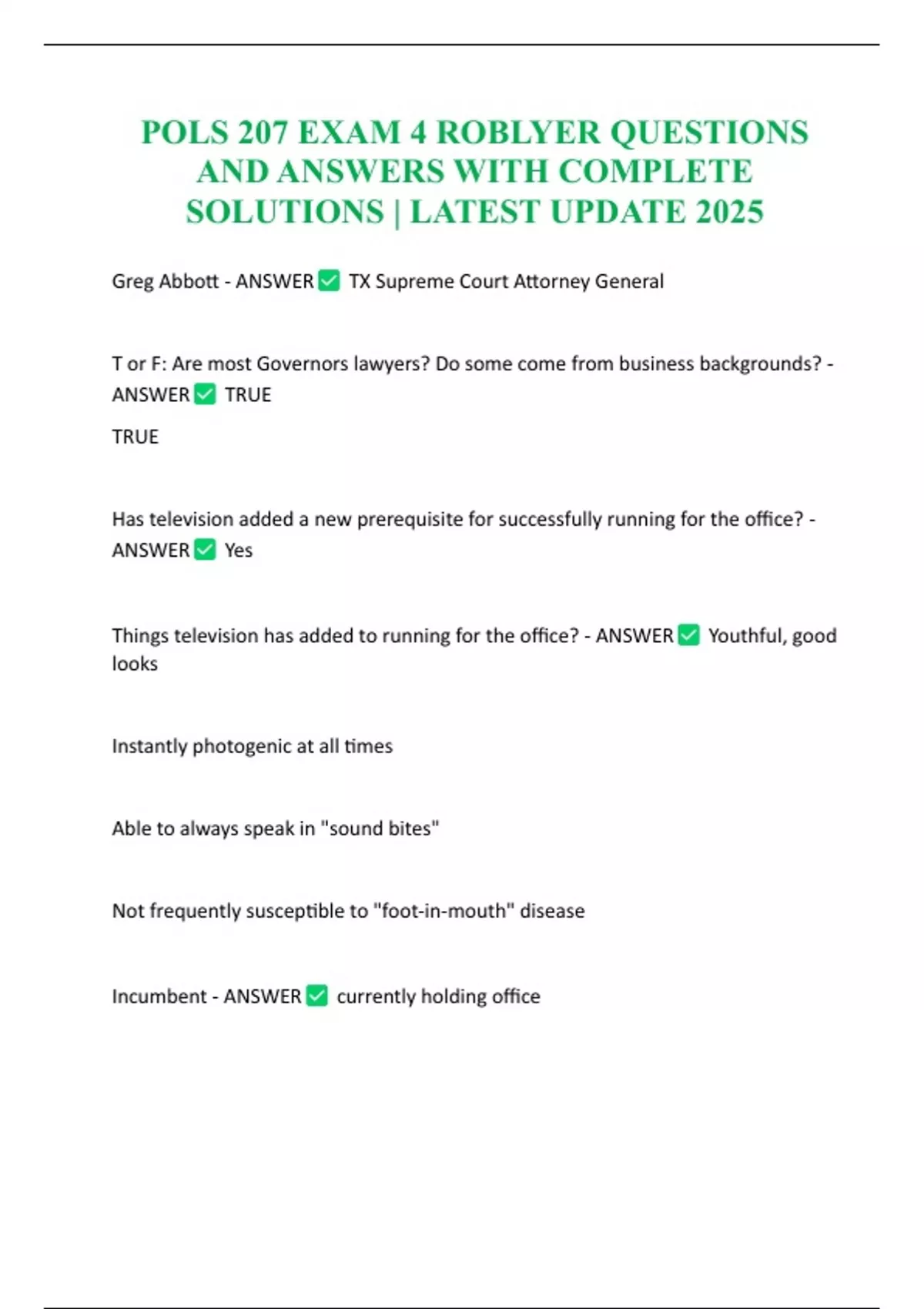 POLS 207 EXAM 4 ROBLYER QUESTIONS AND ANSWERS WITH COMPLETE SOLUTIONS ...