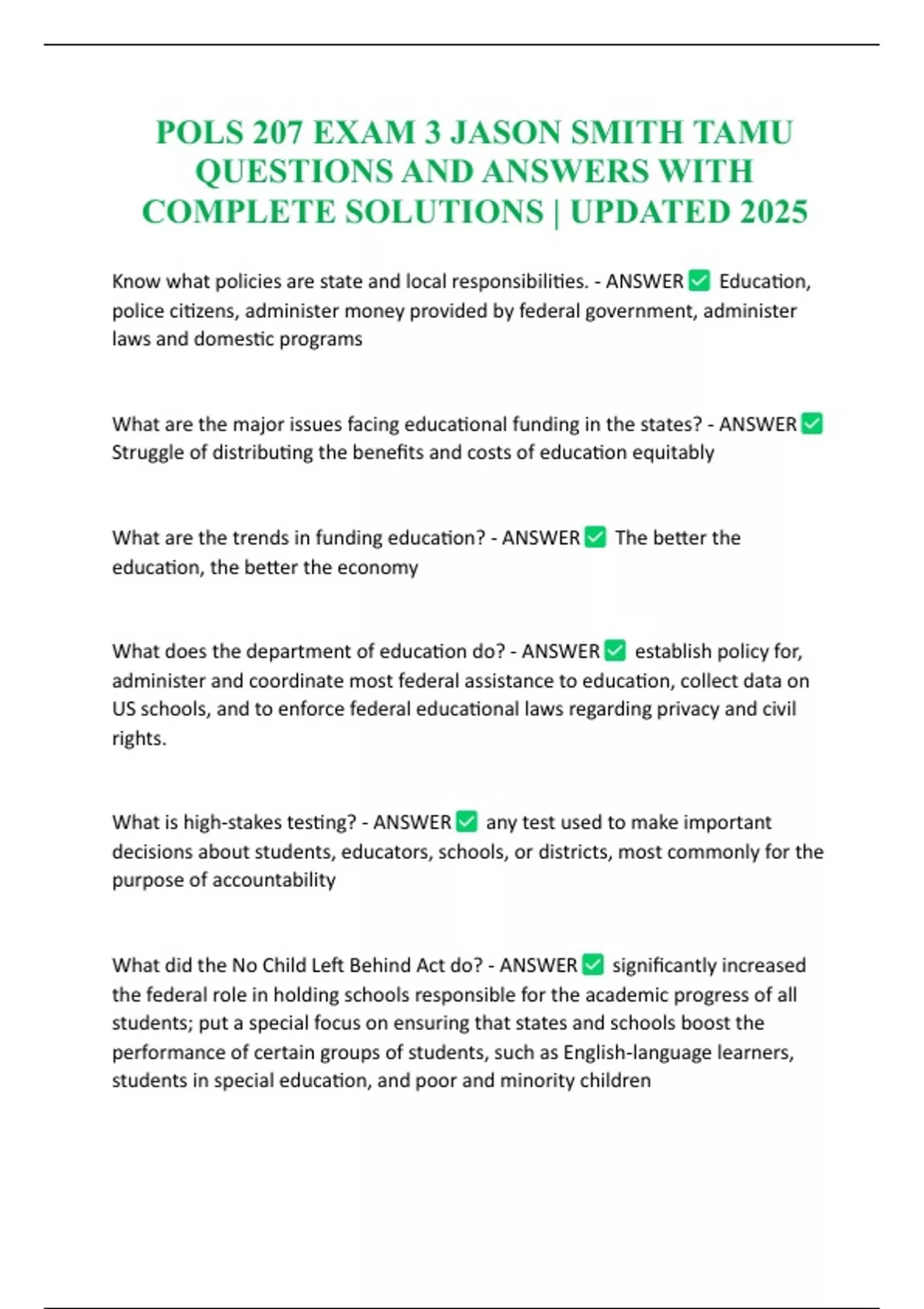 POLS 207 EXAM 3 JASON SMITH TAMU QUESTIONS AND ANSWERS WITH COMPLETE SOLUTIONS | UPDATED 2025 ...