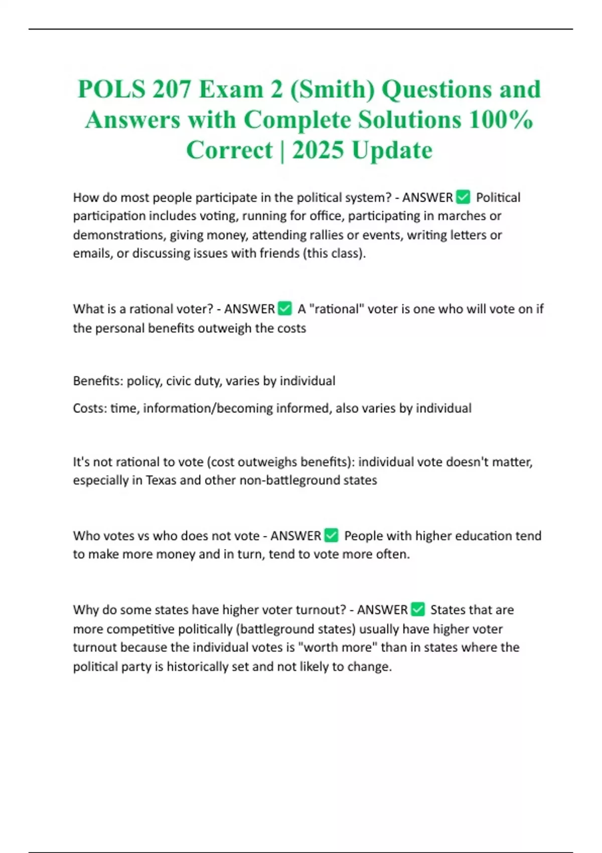 POLS 207 Exam 2 (Smith) Questions and Answers with Complete Solutions ...