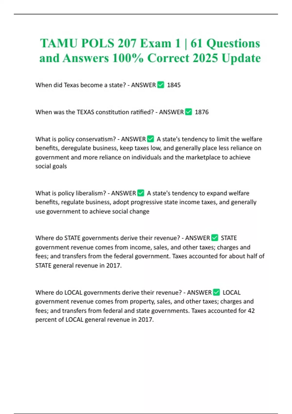 TAMU POLS 207 Exam 1 | 61 Questions and Answers 100% Correct 2025 Update - POLS 207 - Stuvia US