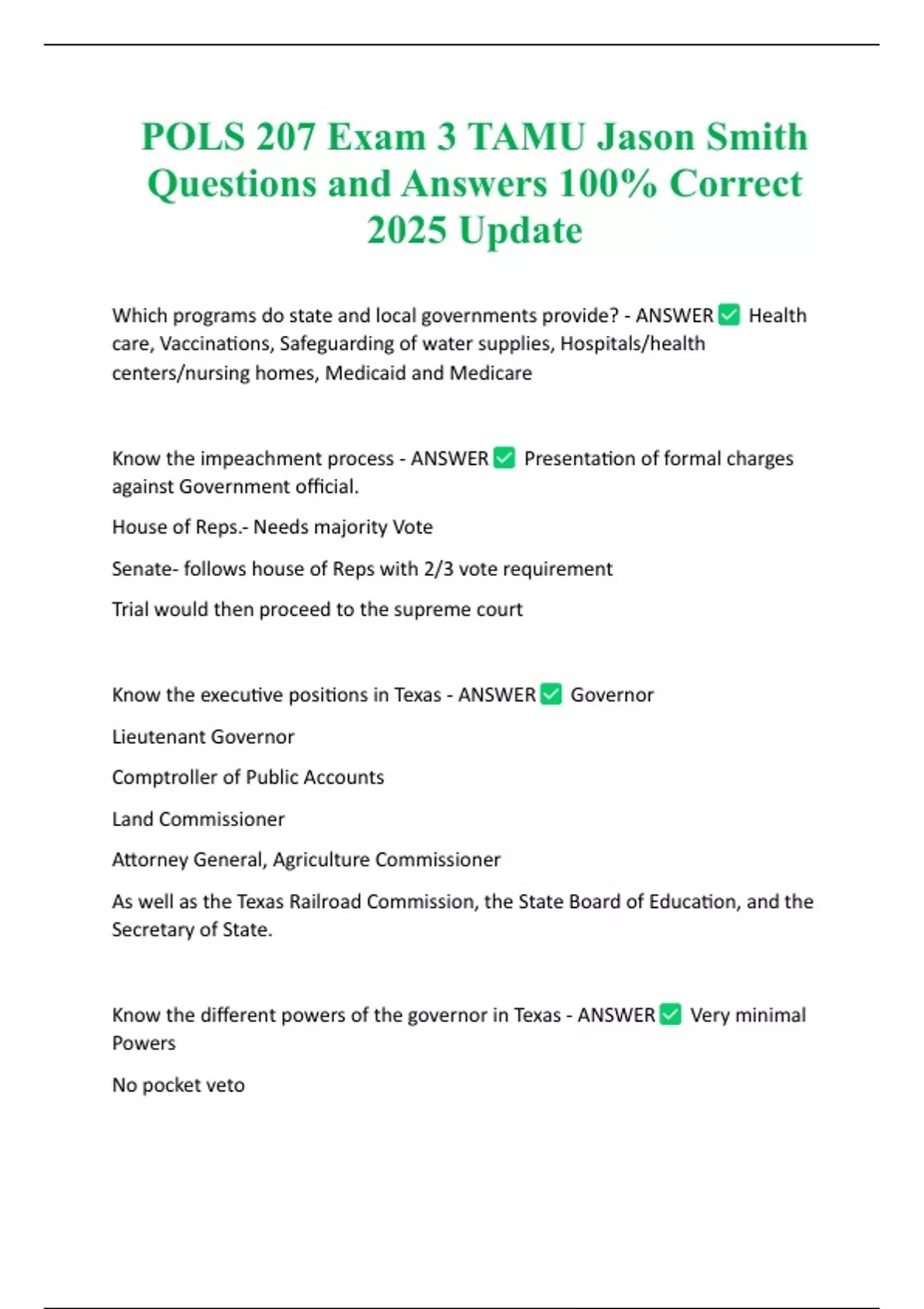 POLS 207 Exam 3 TAMU Jason Smith Questions and Answers 100% Correct 2025 Update - POLS 207 ...