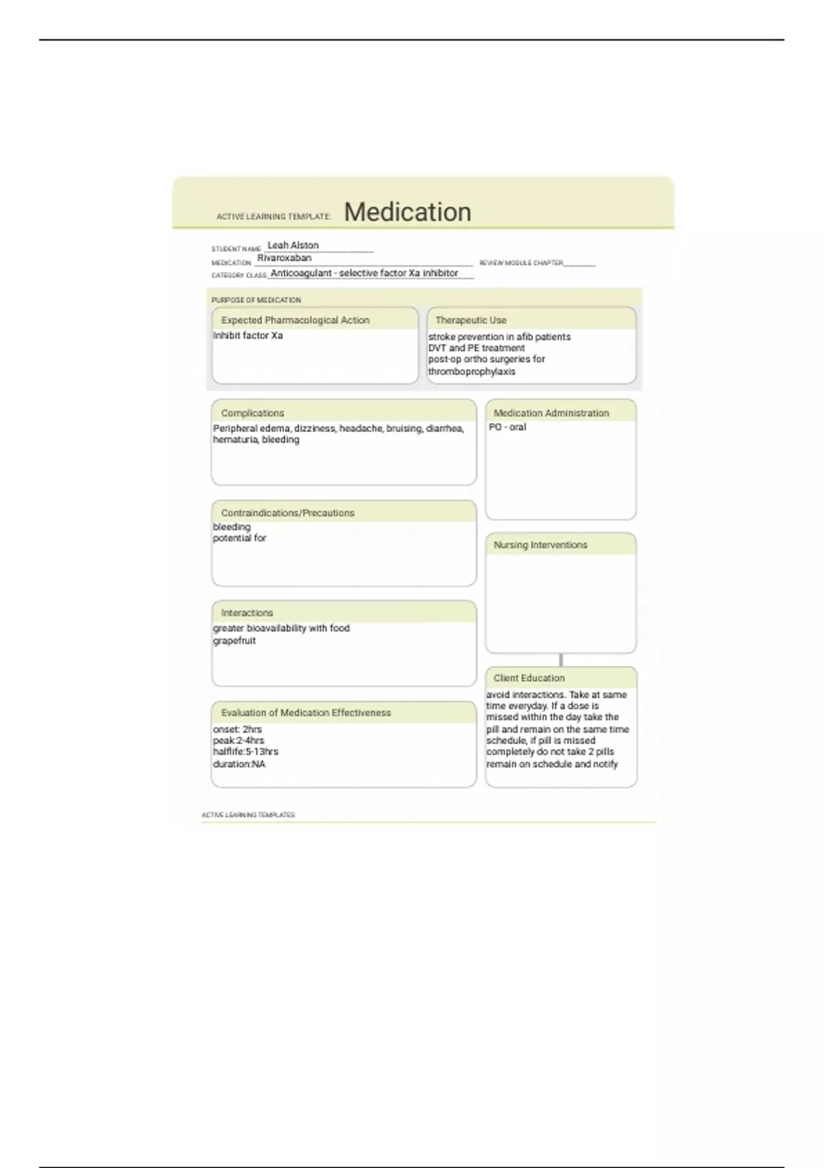 NUR 1400 Rivaroxaban - Medication template - NUR 1400 Medical Surgical ...
