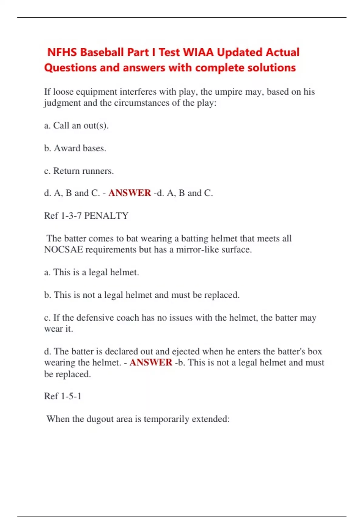 NFHS Baseball Part I Test WIAA Updated Actual Questions and answers ...