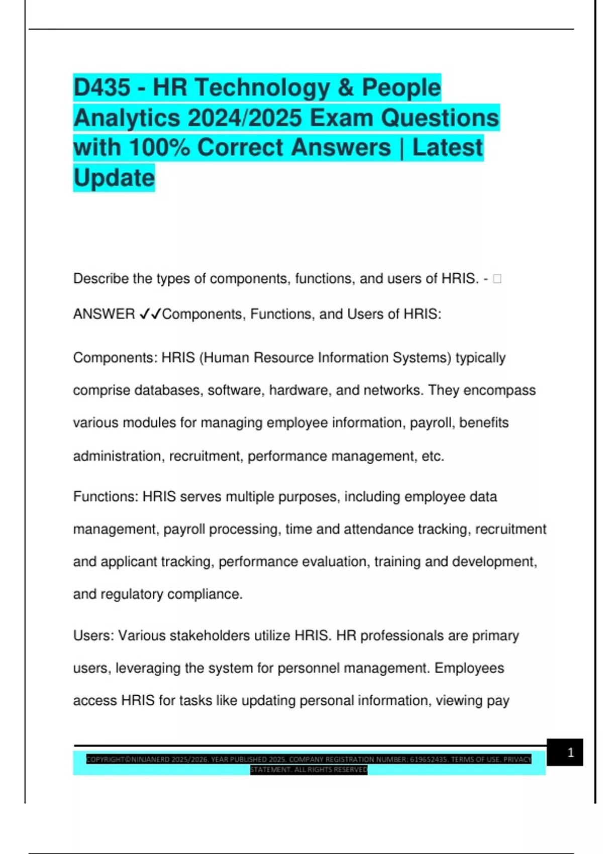 D435 - HR Technology & People Analytics 2024/2025 Exam Questions with ...