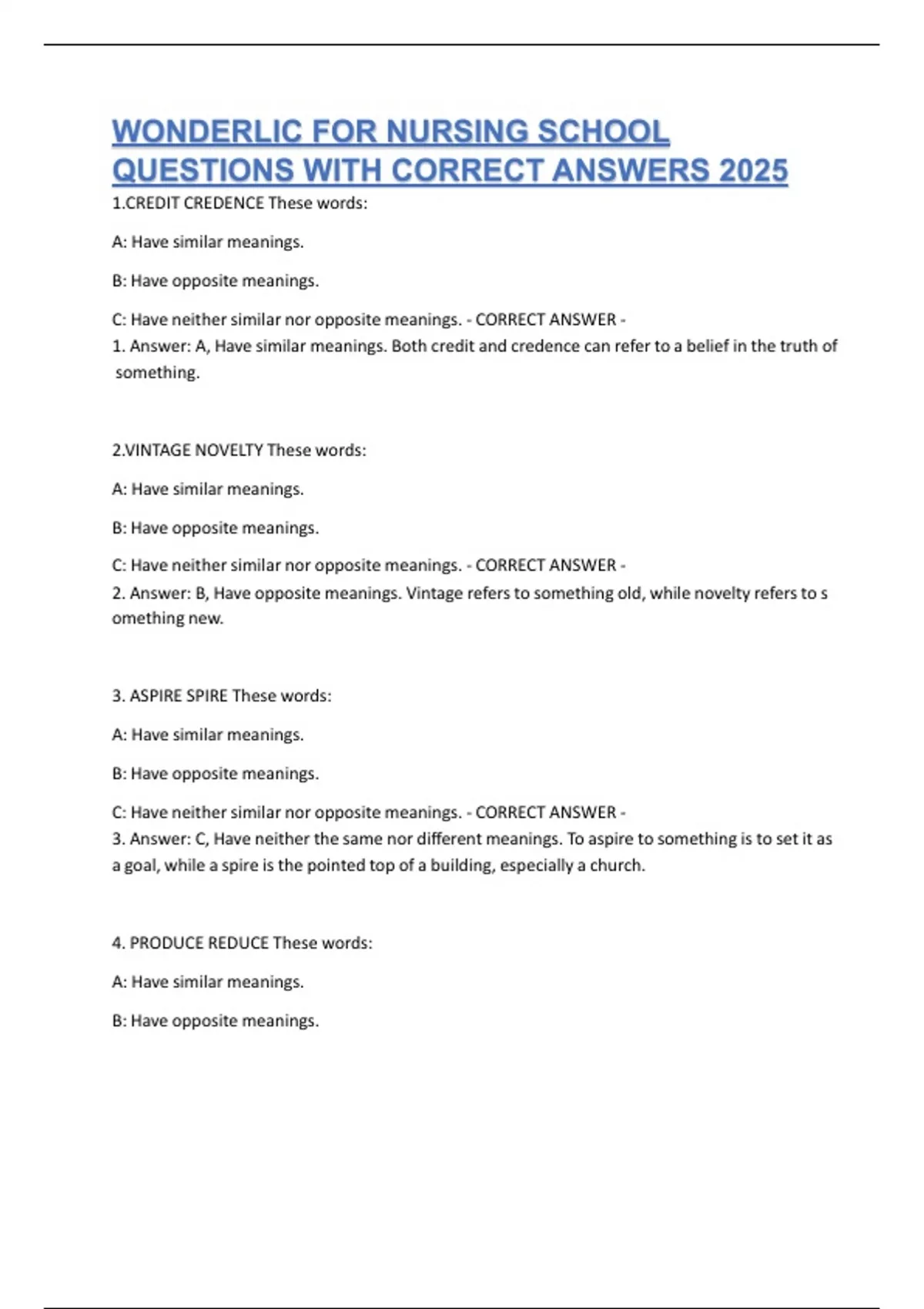 WONDERLIC FOR NURSING SCHOOL QUESTIONS WITH CORRECT ANSWERS 2025 ...