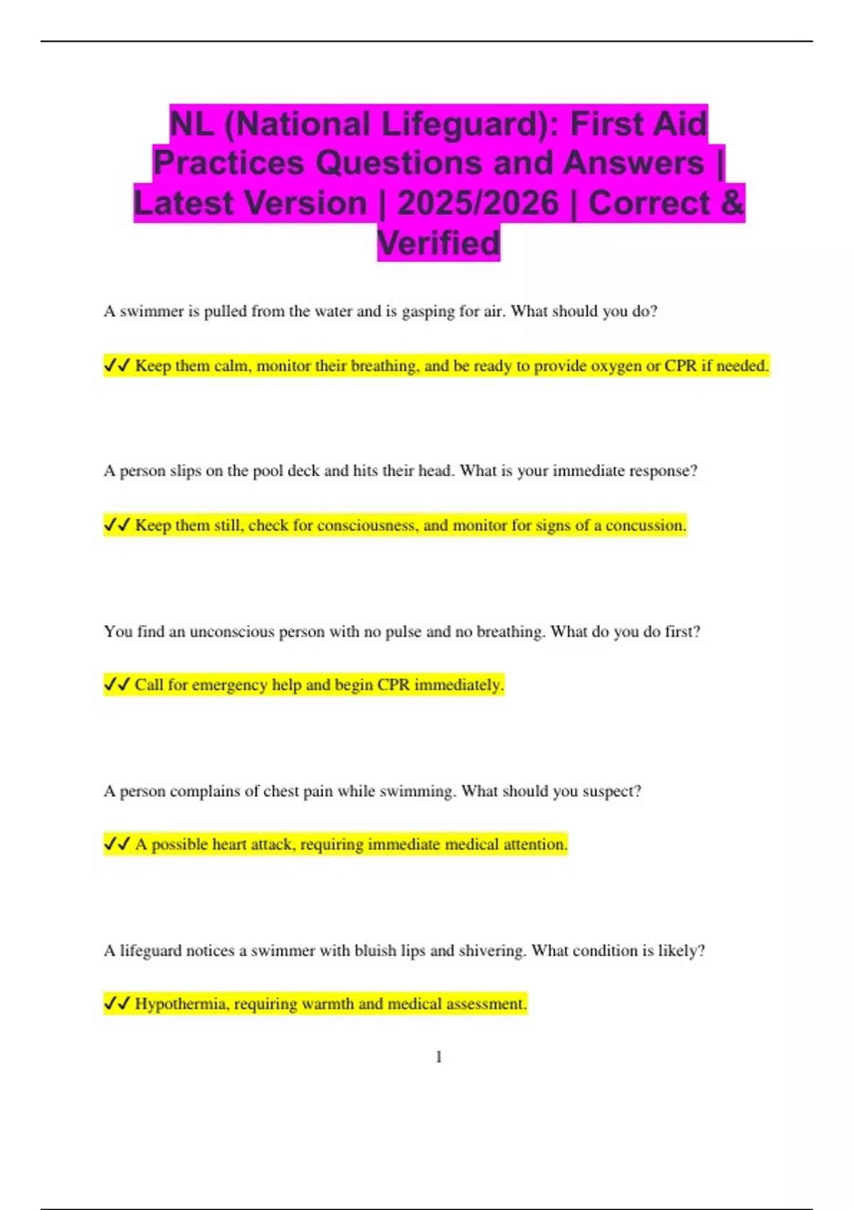 NL (National Lifeguard): First Aid Practices Questions and Answers ...