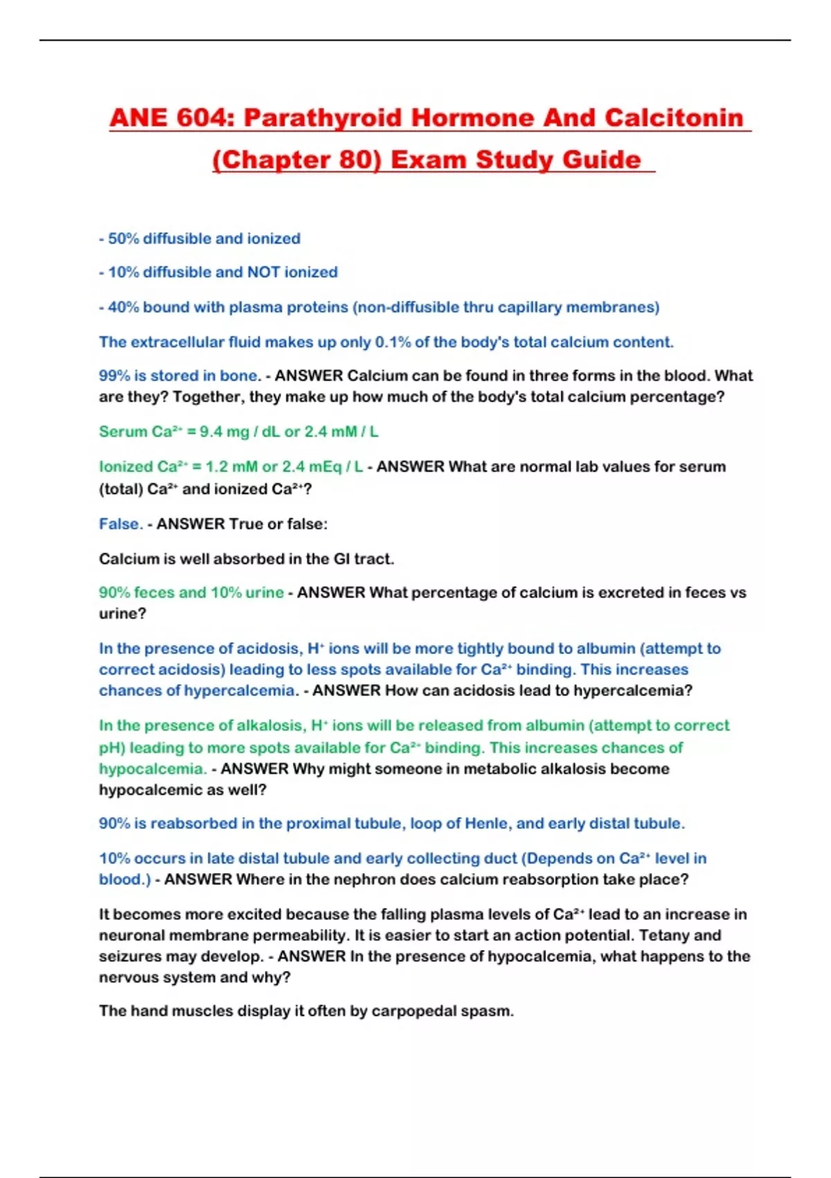ANE 604: Parathyroid Hormone And Calcitonin (Chapter 80) Exam Study Guide - ANE 604 - Stuvia US