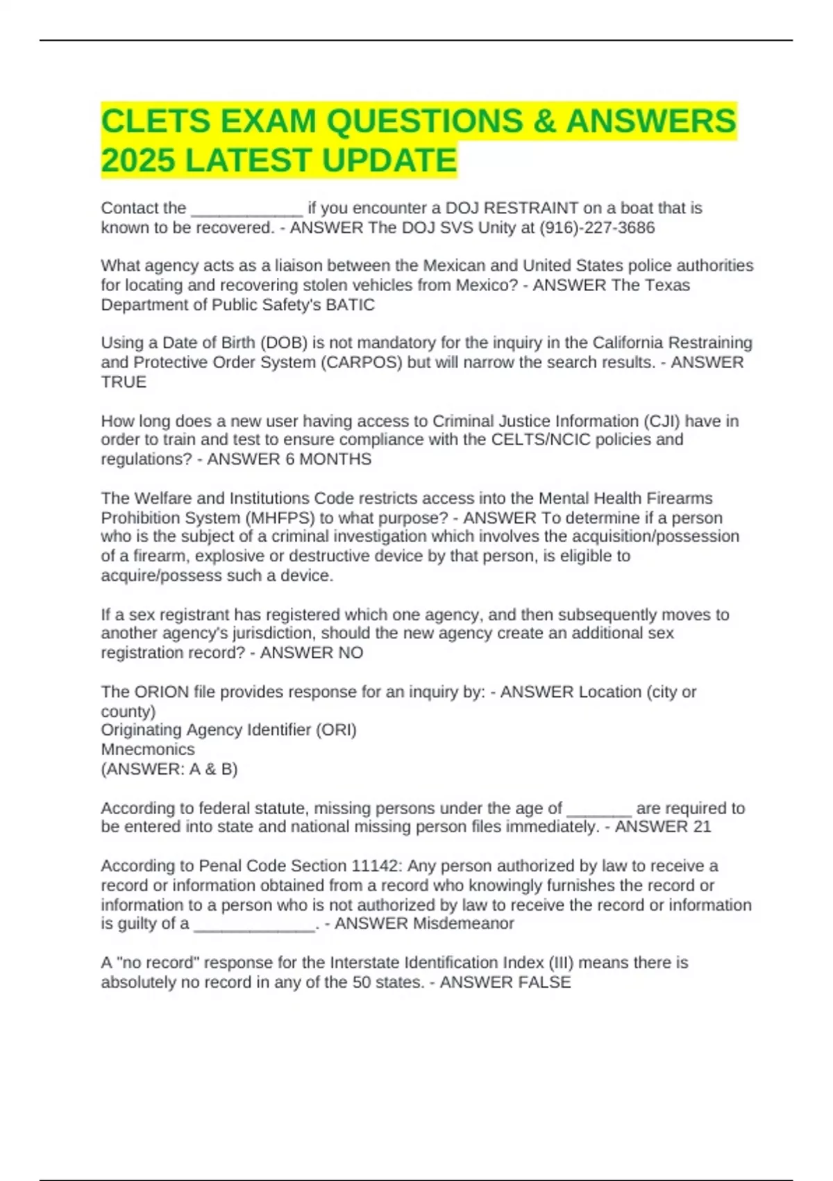 CLETS EXAM QUESTIONS & ANSWERS 2025 LATEST UPDATE - CLETS - Stuvia US