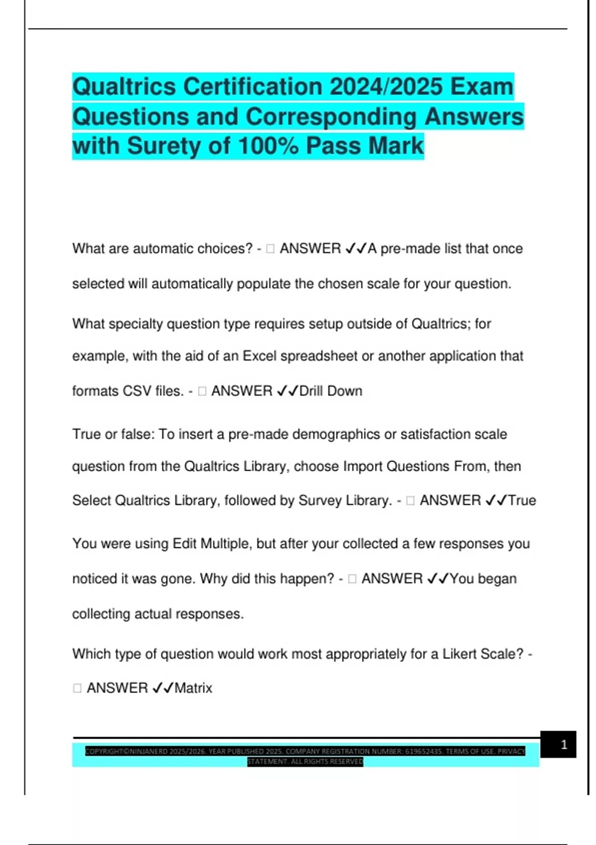 Qualtrics Certification 2024/2025 Exam Questions and Corresponding ...