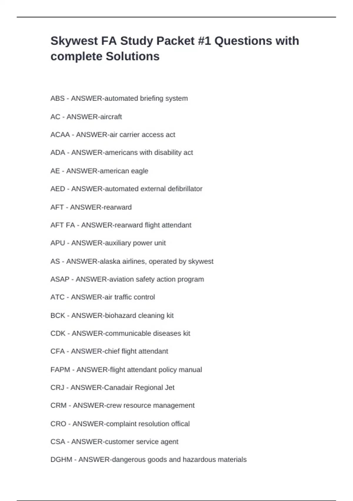 Skywest FA Study Packet #1 Questions with complete Solutions - Skywest FA - Stuvia US