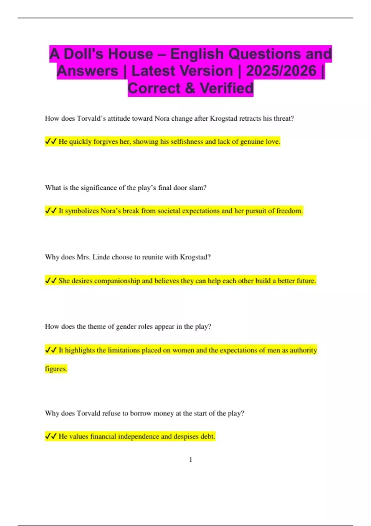 A Doll's House – English Questions and Answers | Latest Version | 2025/ ...