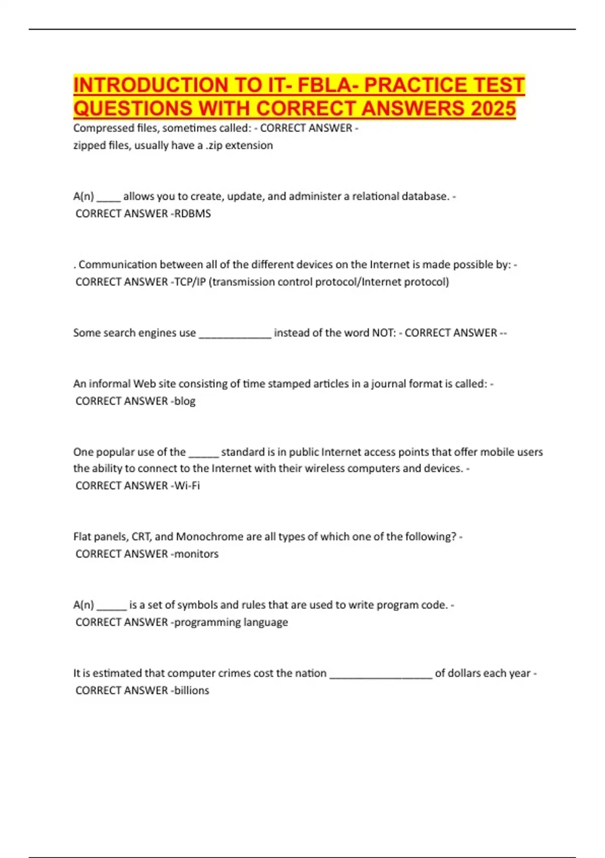 INTRODUCTION TO IT- FBLA- PRACTICE TEST QUESTIONS WITH CORRECT ANSWERS ...