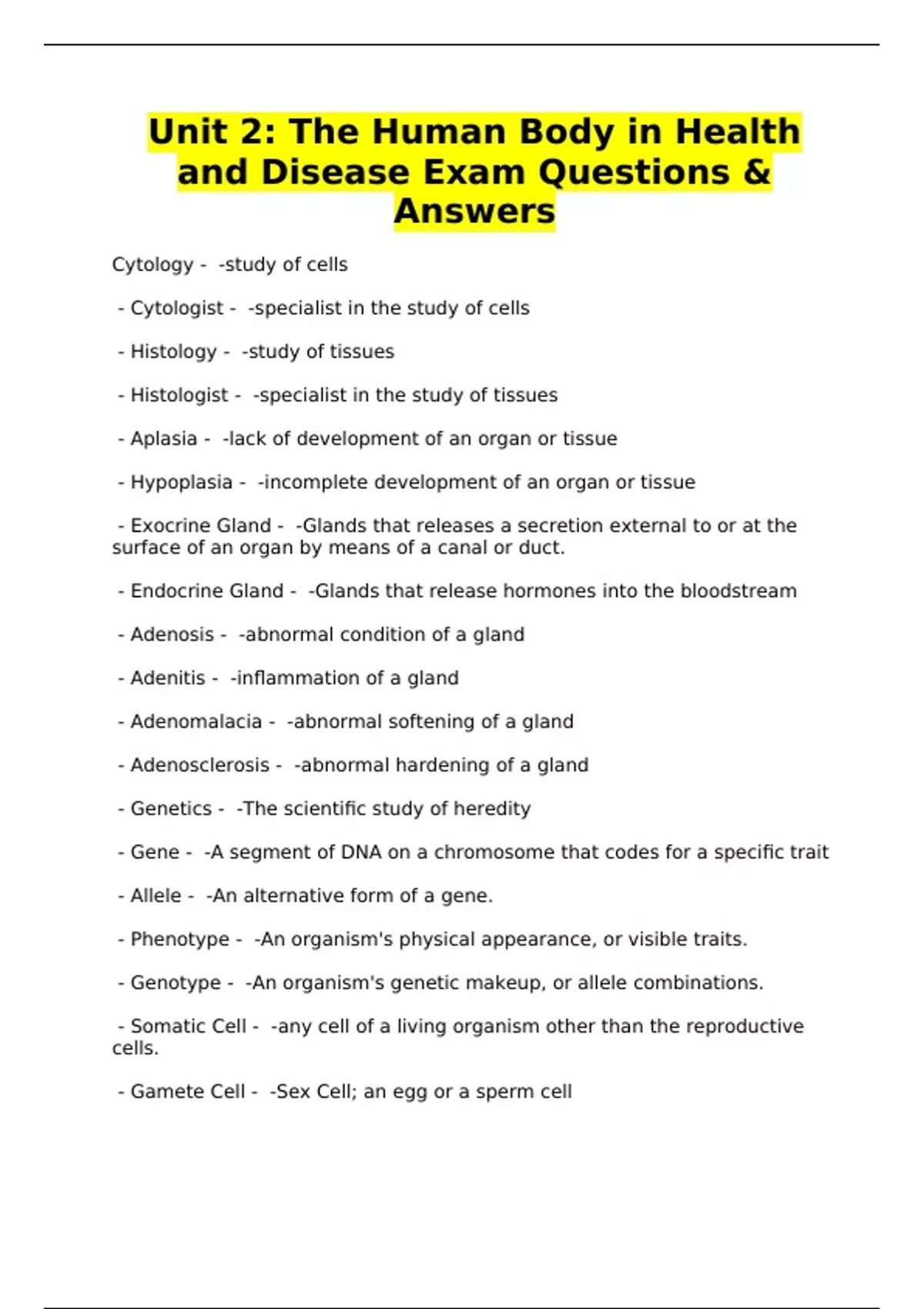 Unit 2: The Human Body in Health and Disease Exam Questions & Answers ...