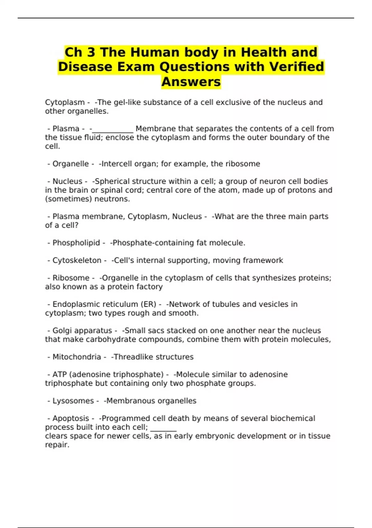 Ch 3 The Human body in Health and Disease Exam Questions with Verified ...