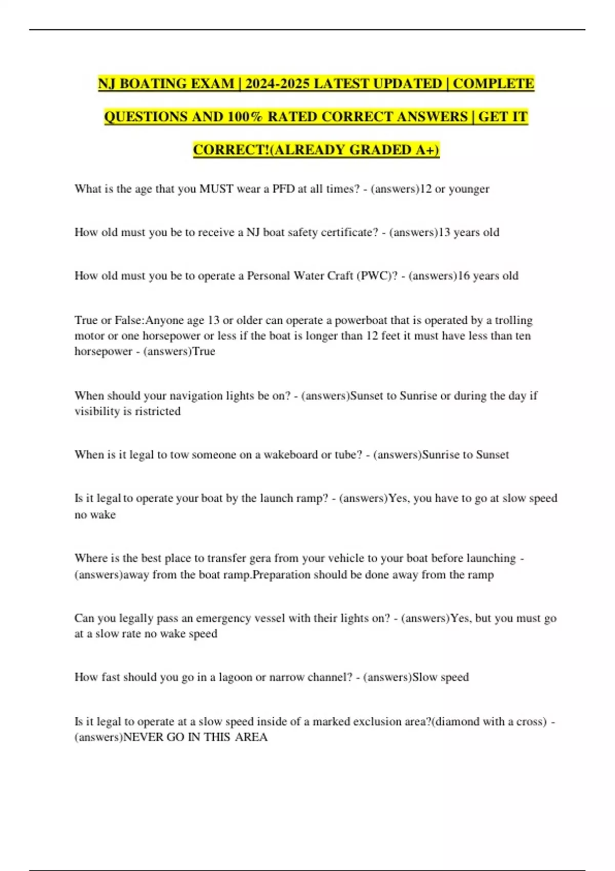 NJ BOATING EXAM | LATEST UPDATED | COMPLETE QUESTIONS AND 100% RATED ...