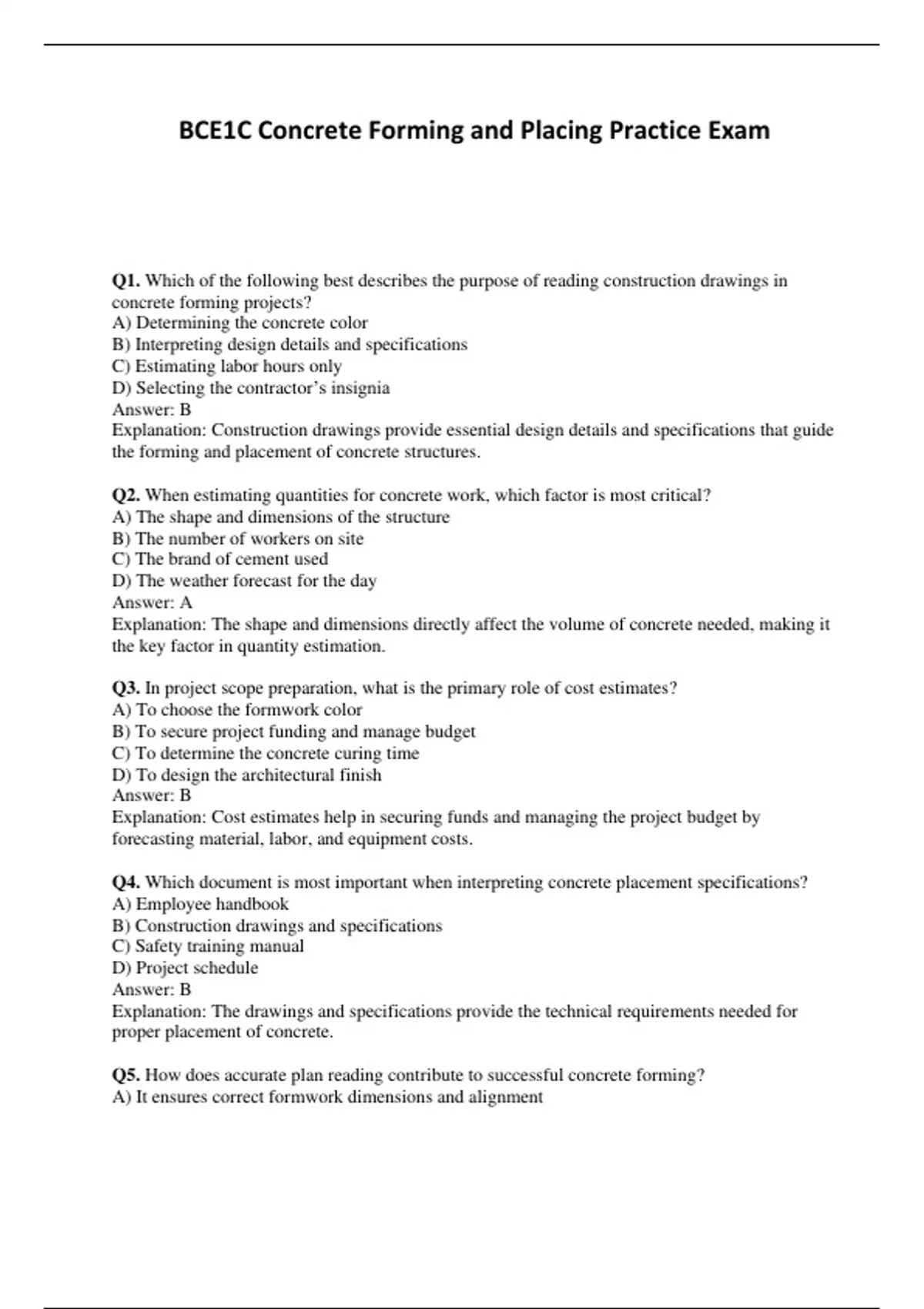 BCE1C Concrete Forming and Placing Practice Exam - Computers - Stuvia US