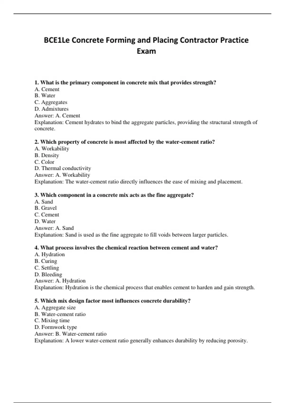 BCE1Le Concrete Forming and Placing Contractor Practice Exam ...