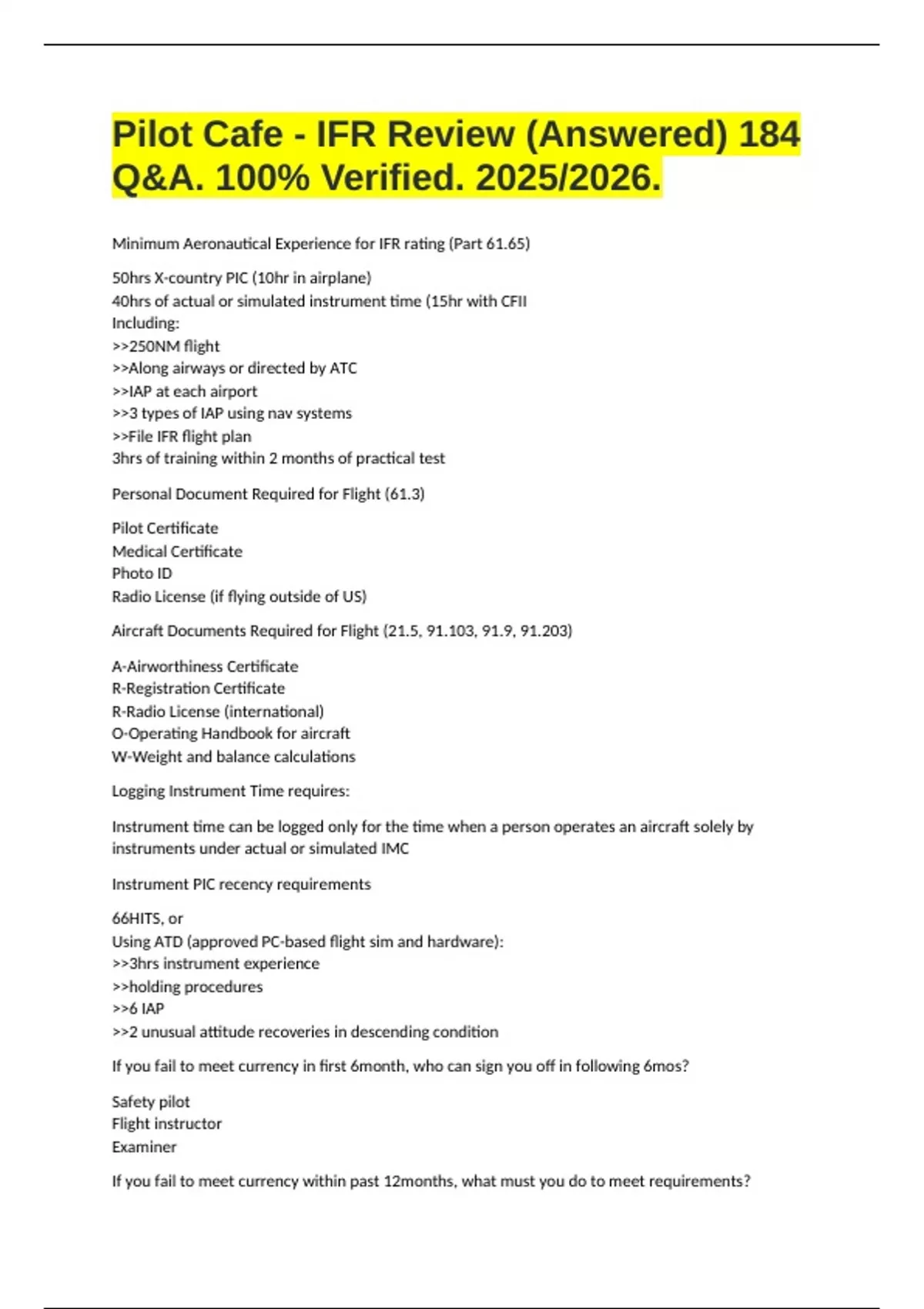 Pilot Cafe - IFR Review (Answered) 184 Q&A. 100% Verified. 2025/2026 ...